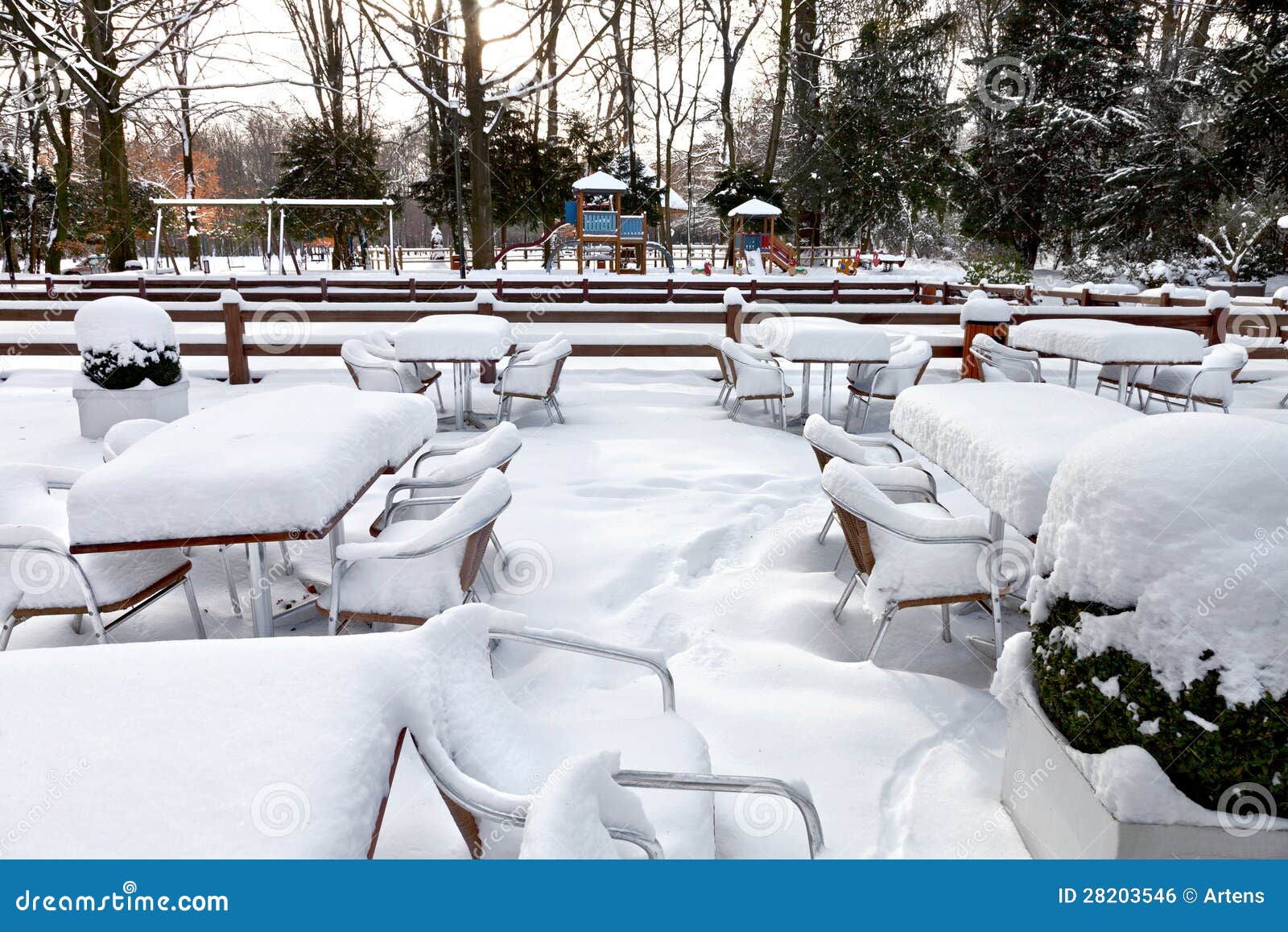 Cafe with Snow. Winter Landscaper Stock Photo - Image of furniture ...