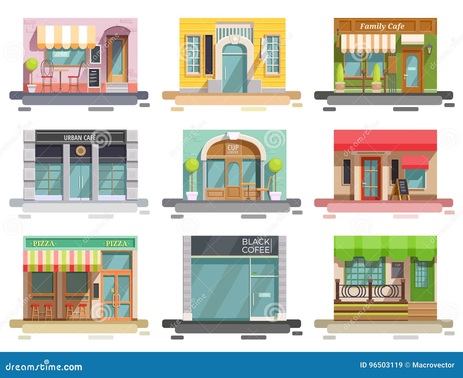 Cafe Storefront Flat Set stock vector. Illustration of icons - 96503119