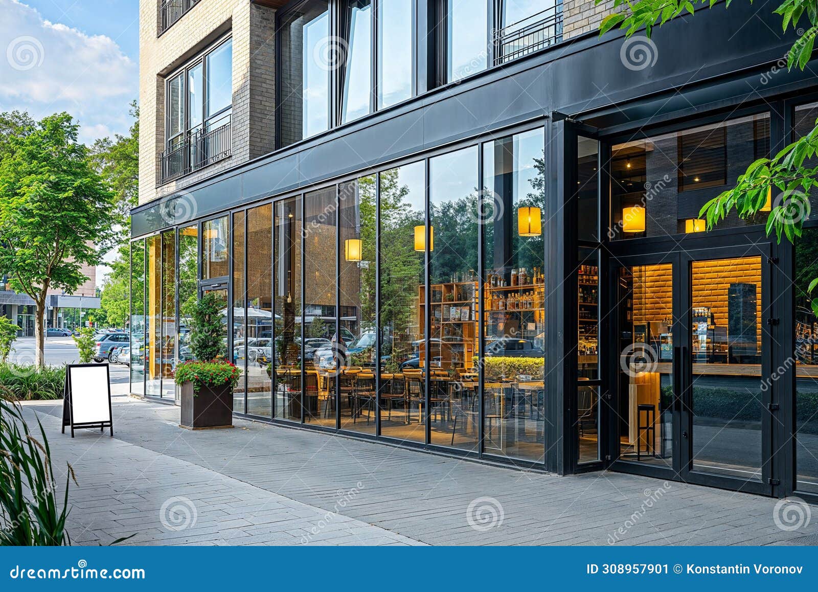 Cafe Storefront with Glass Windows and Blank Advertising Sidewalk Sign ...