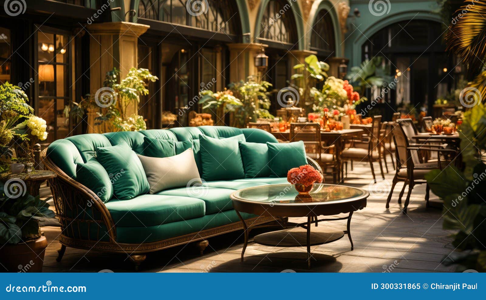 Cafe Terrace with Turquoise Sofas with Green Color Concept Stock Image ...