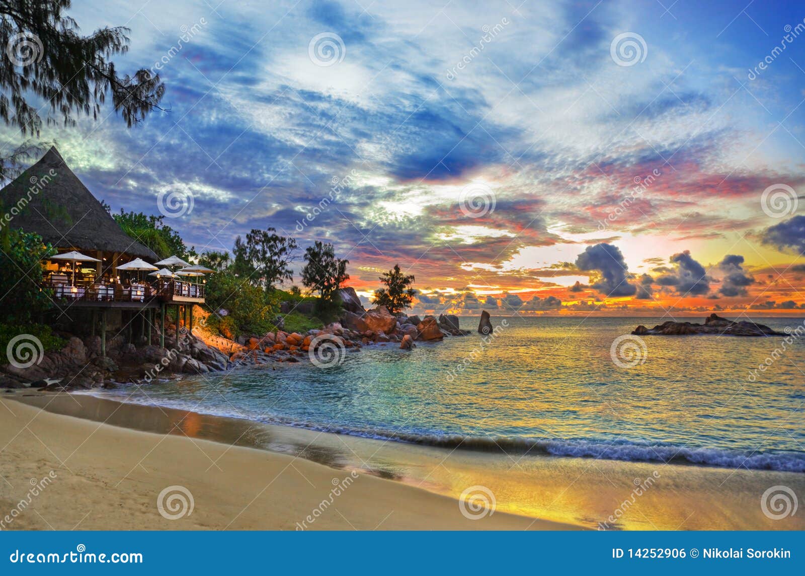 Cafe on Tropical Beach at Sunset Stock Photo - Image of journey ...
