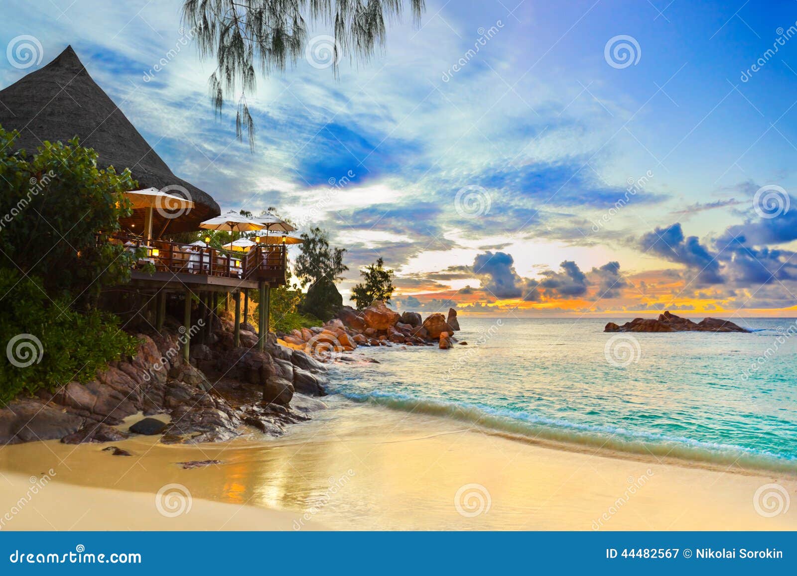 Cafe on Tropical Beach at Sunset Stock Image - Image of food, luxury ...