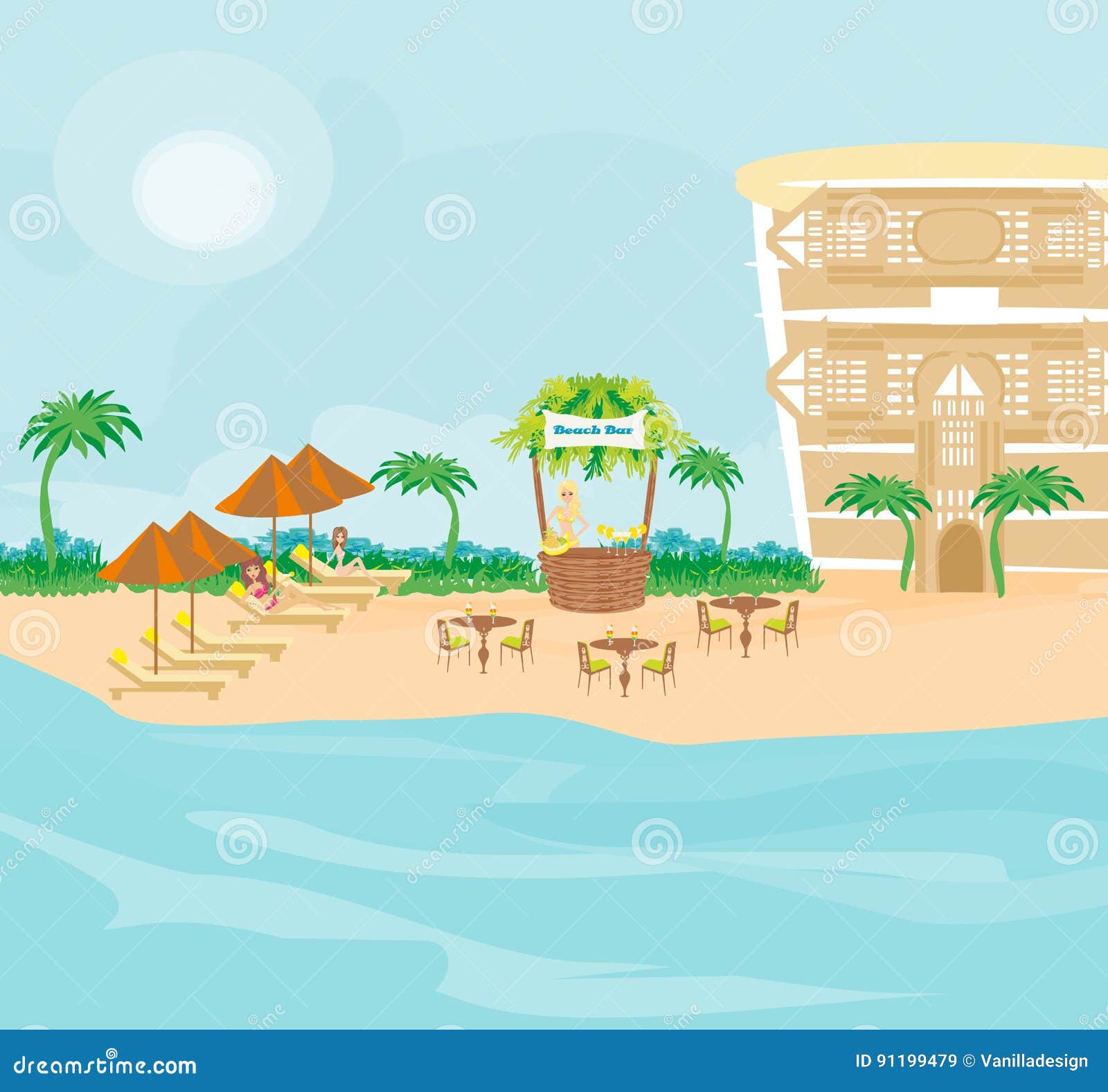 Cafe on tropical beach stock vector. Illustration of fashionable - 91199479