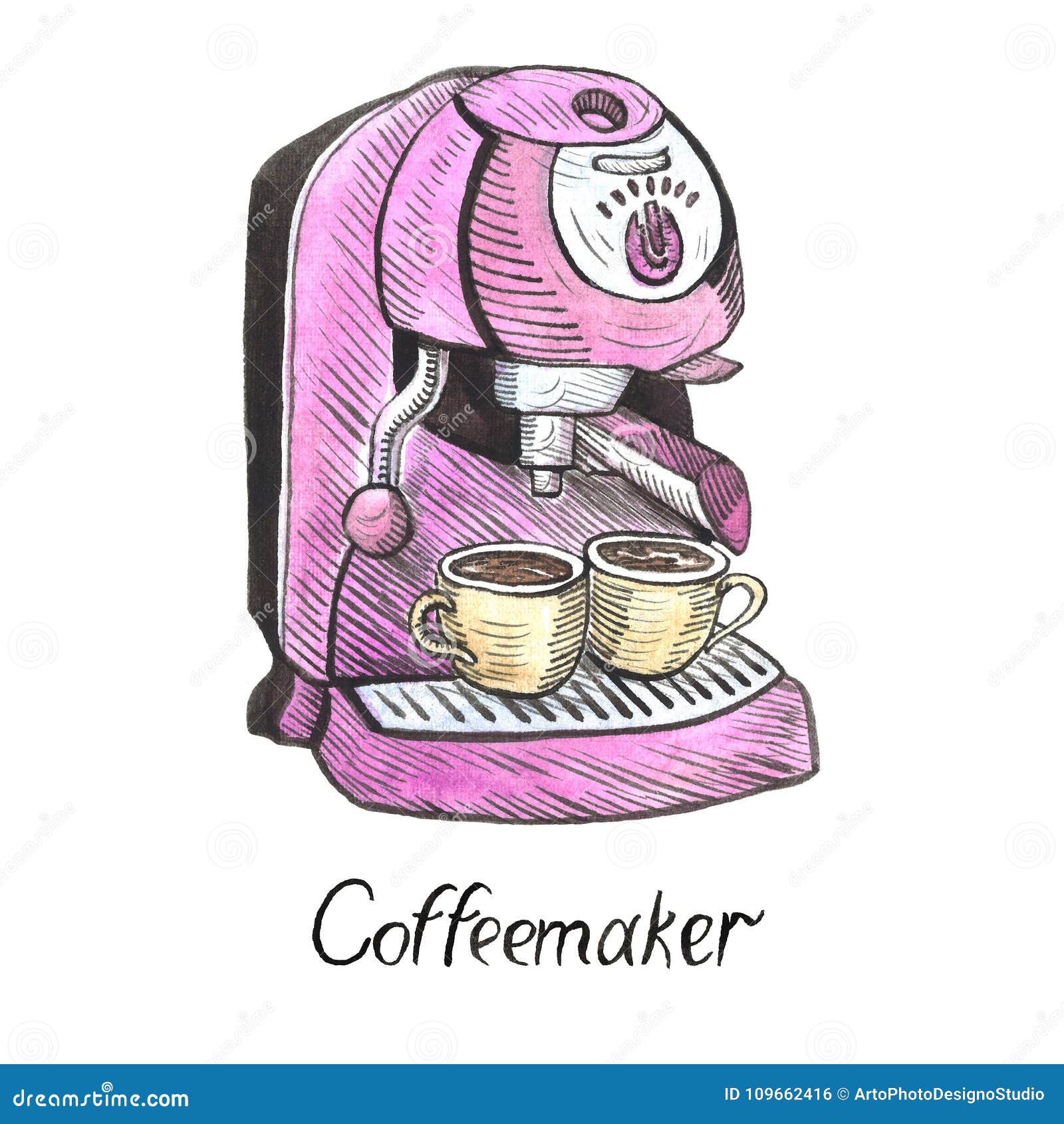 Cafetera Rosada Con Dos Tazas, Ejemplo Pintado a Mano Stock de ...