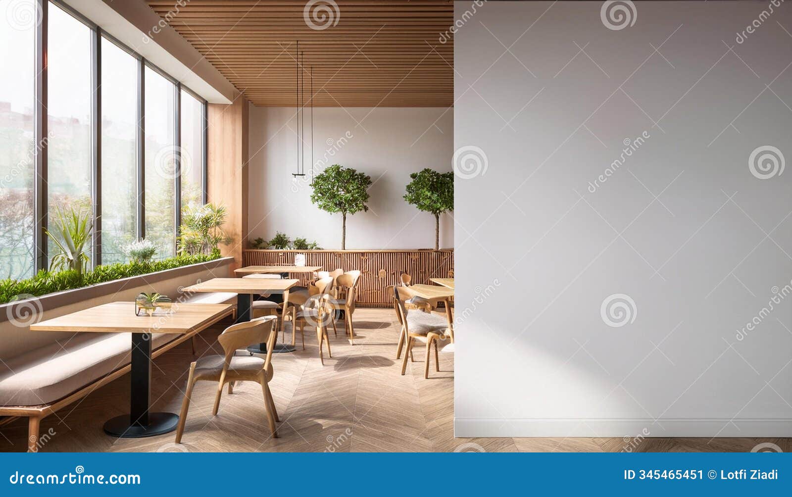 Cafeteria Interior with Cozy Dining Space Near Panoramic Window. Mockup ...