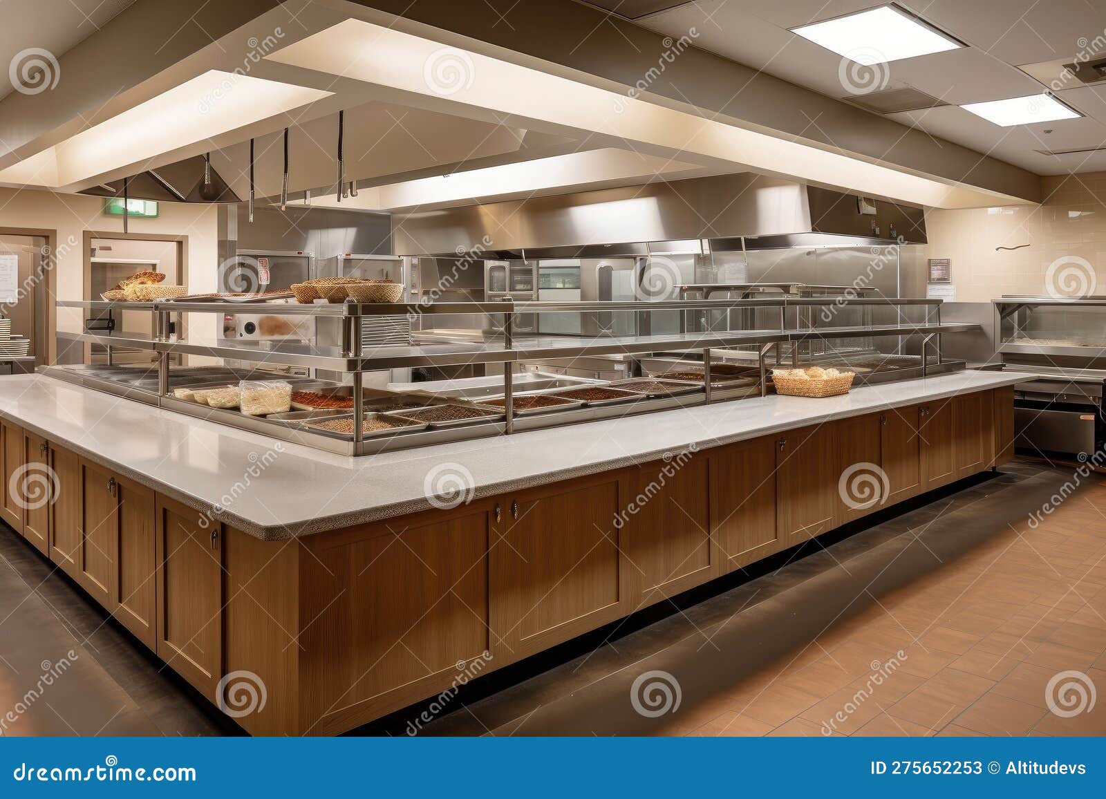 A Cafeteria Kitchen with a Variety of Different Food Stations ...