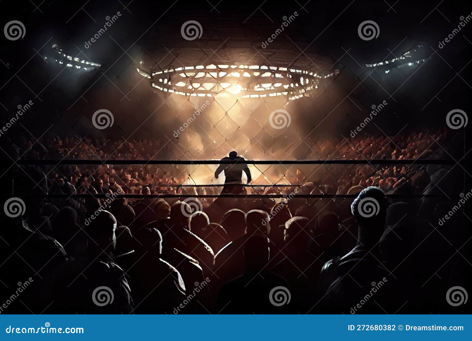 Cage Fight Arena, with Cheering Crowd and Flashing Lights, during the ... Cage Fight Arena, with Cheering Crowd and Flashing Lights, during the ...