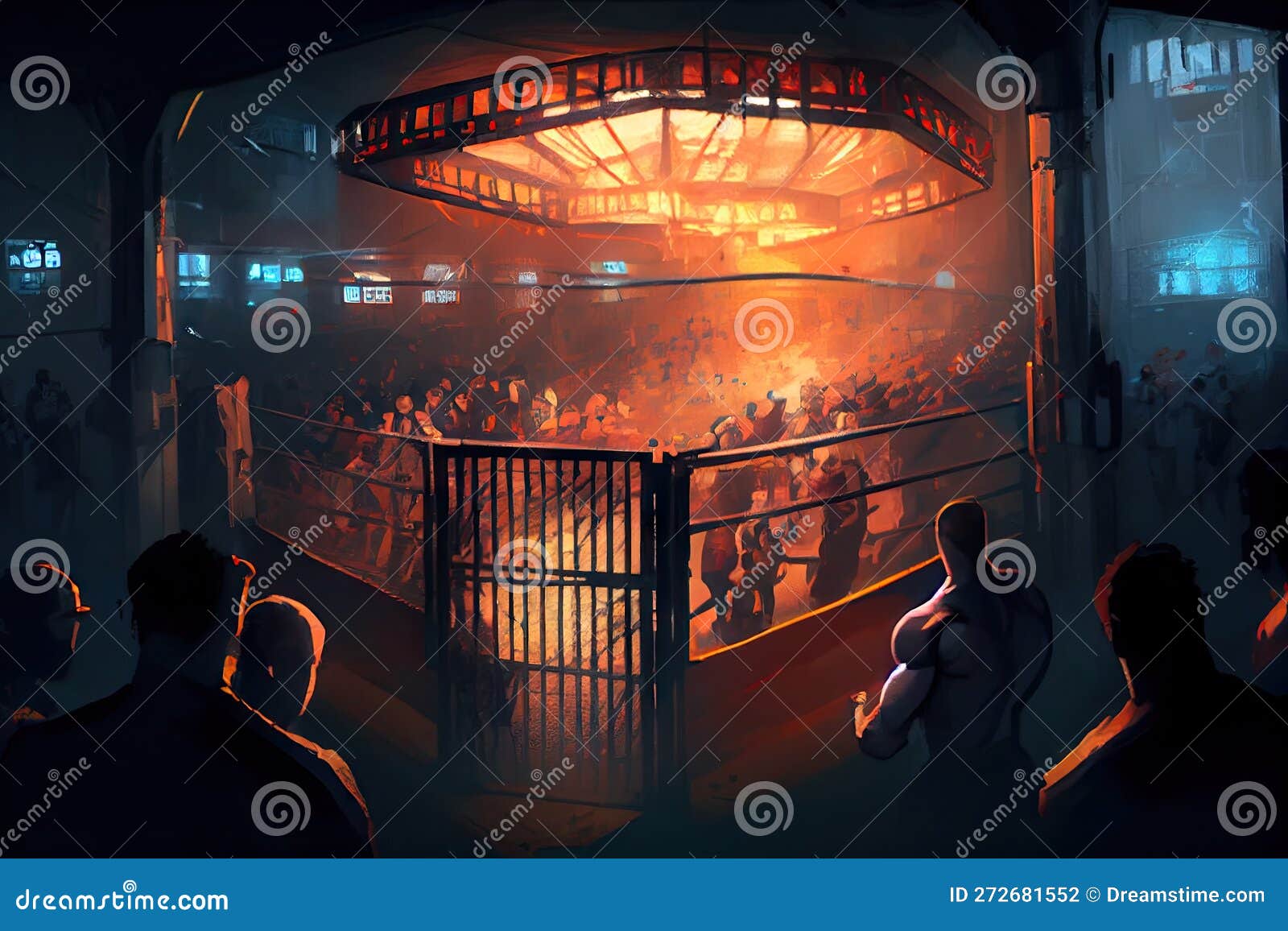 Cage Fight Arena with Spectators Cheering on the Fight, and Security ...