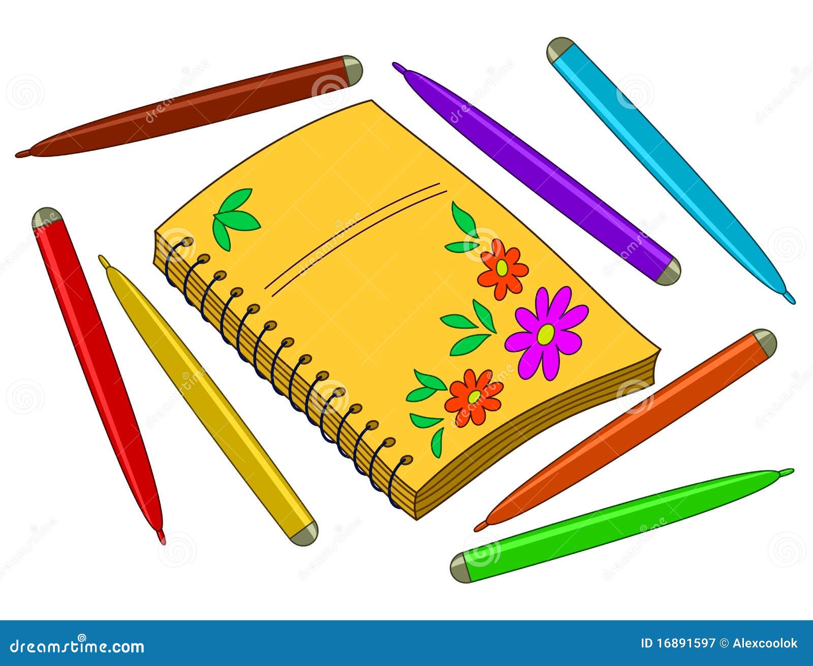 Cahier Avec Des Fleurs Et Des Crayons Lecteurs Feutres Illustration de ...