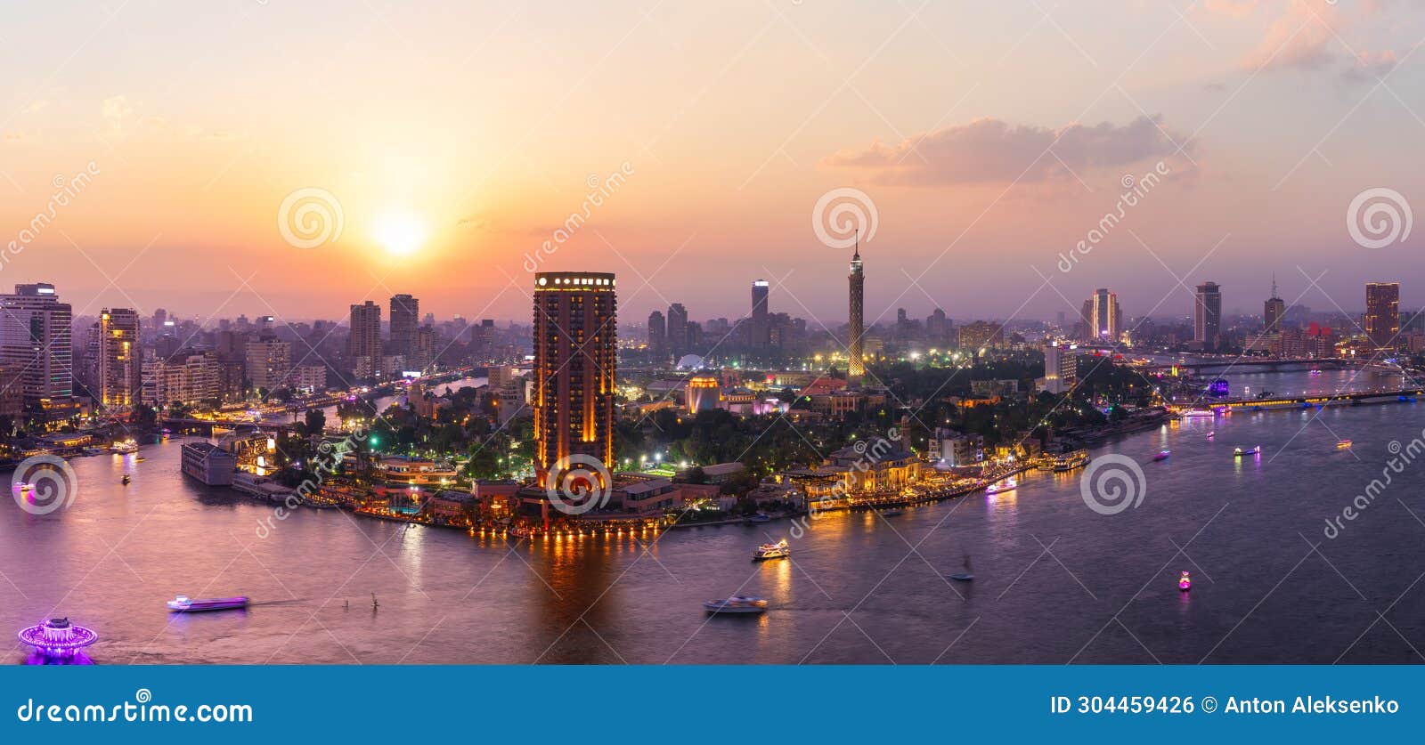 Cairo Downtown Panorama, Nile and the Skyscrappers at Night, Egypt ...