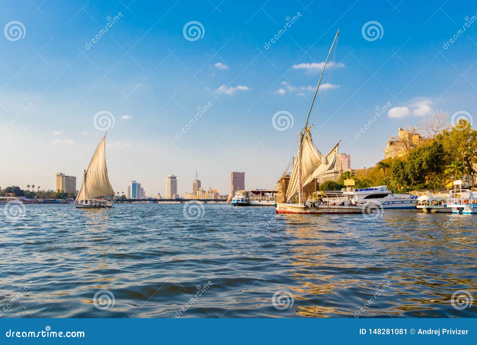 View of Cairo with Boats Sailing on the Nile River, Egypt Editorial ...
