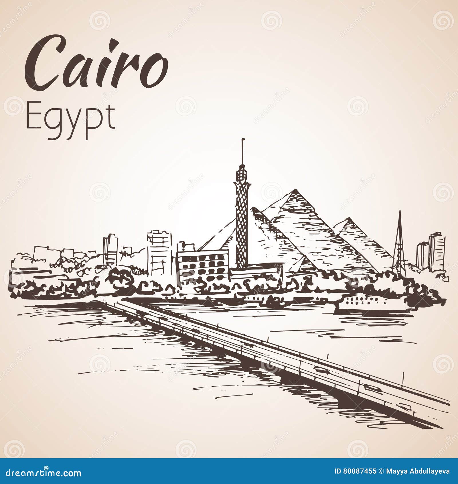 Cairo Tower On The River Nile - Skyline, Egypt. Sketch. Cartoon Vector ...