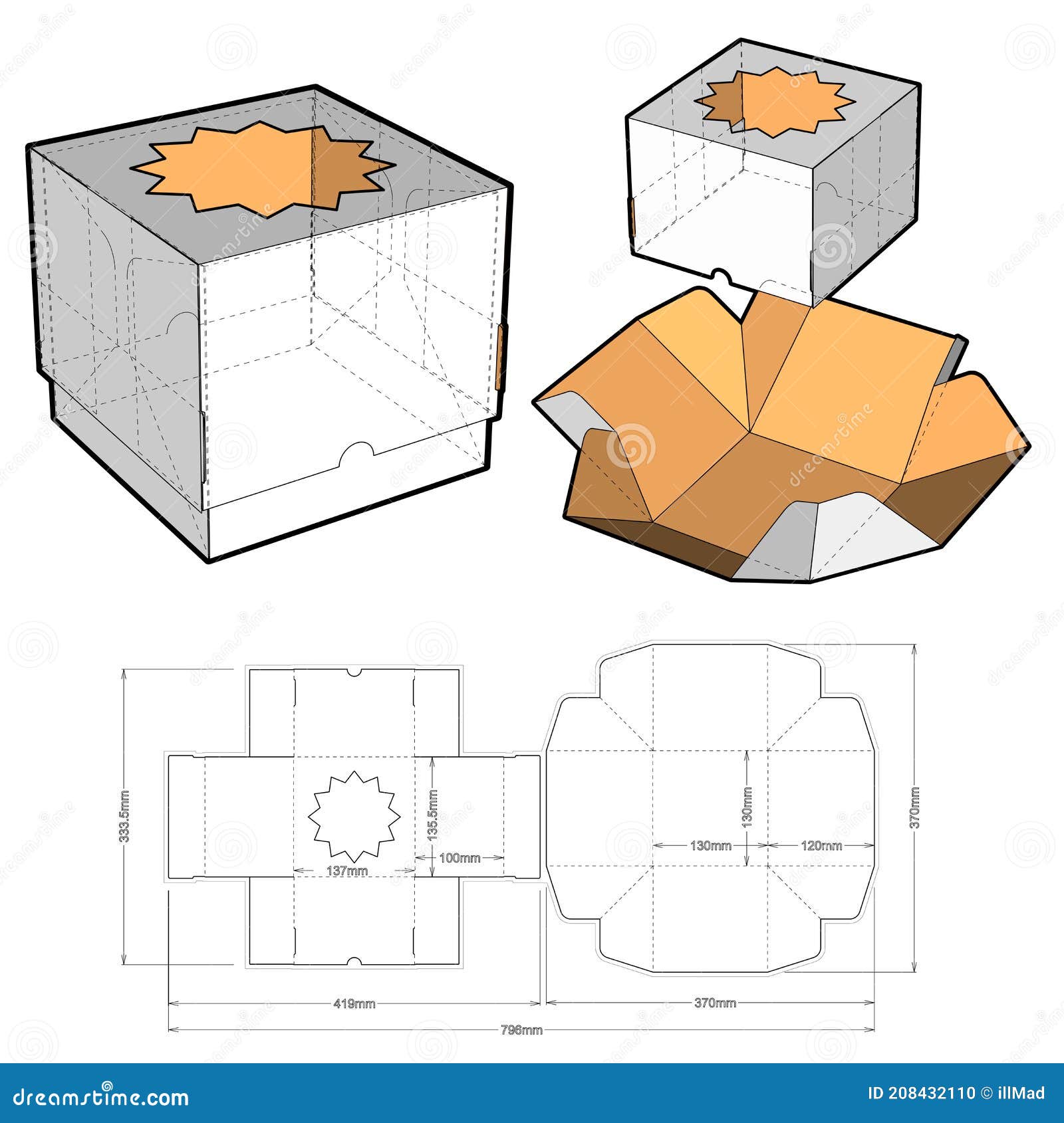 Cake Box Internal Measurement 13x13x12cm and Die-cut Pattern. Stock ...