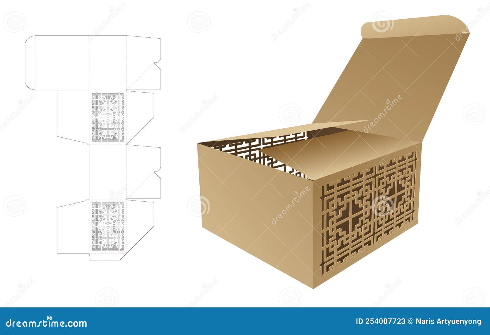 Stenciled Cake Box Die Cut Template And 3D Mockup Cartoon Vector ...