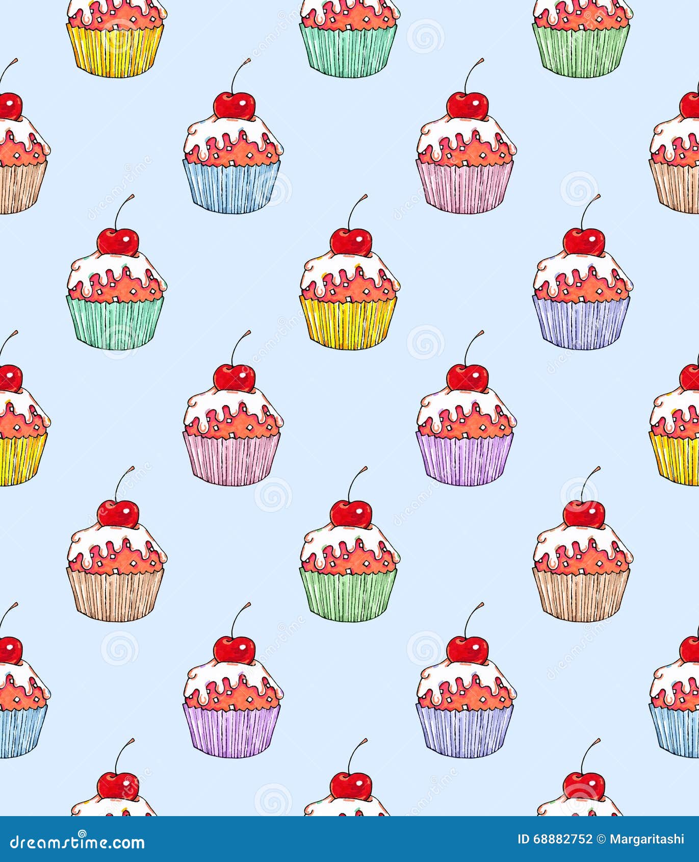 Cake Cherry Sweet on a Blue Background. Seamless Pattern for Design ...