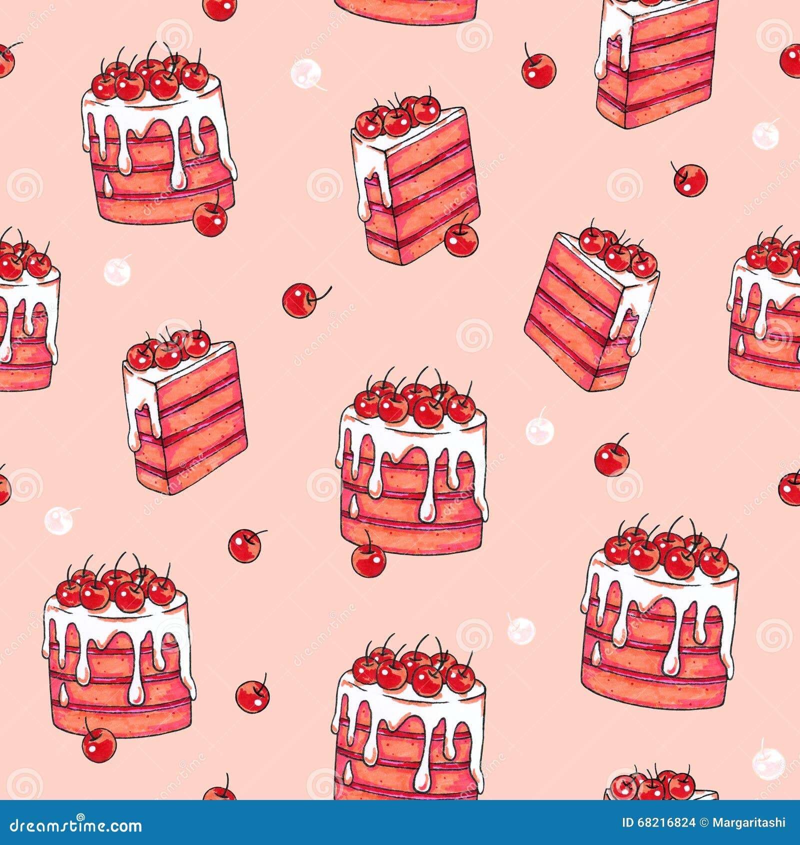 Cake Cherry Sweet on a Pink Background. Seamless Pattern for Design ...