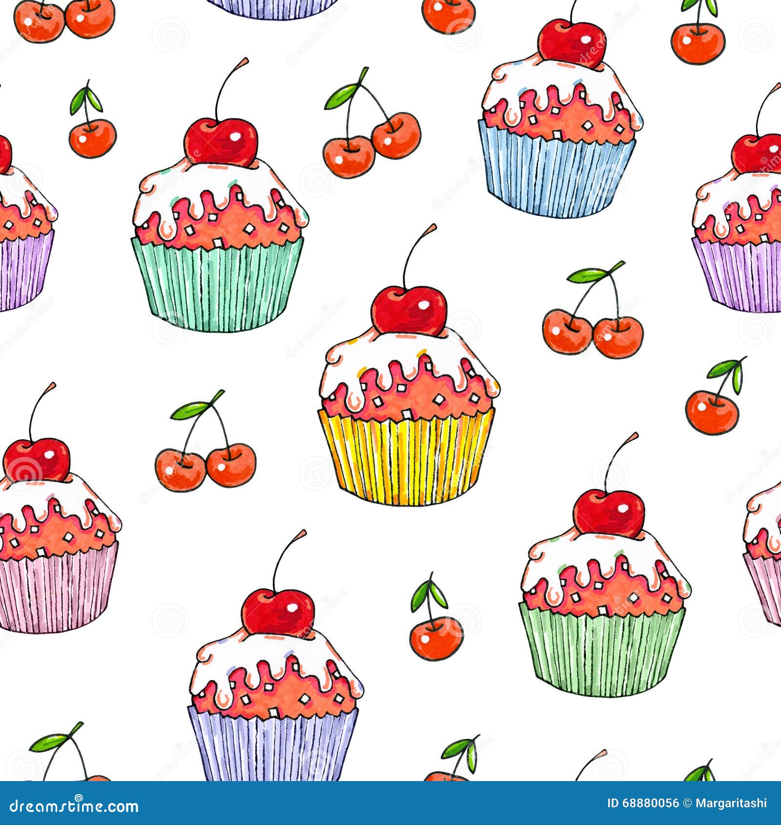 Cake Cherry Sweet on a White Background. Seamless Pattern for Design ...
