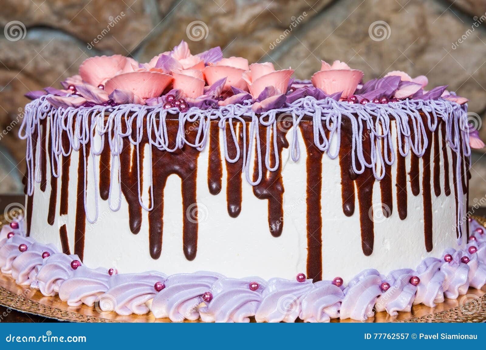 Cake with Chocolate and Cream Flowers Stock Image - Image of basket ...