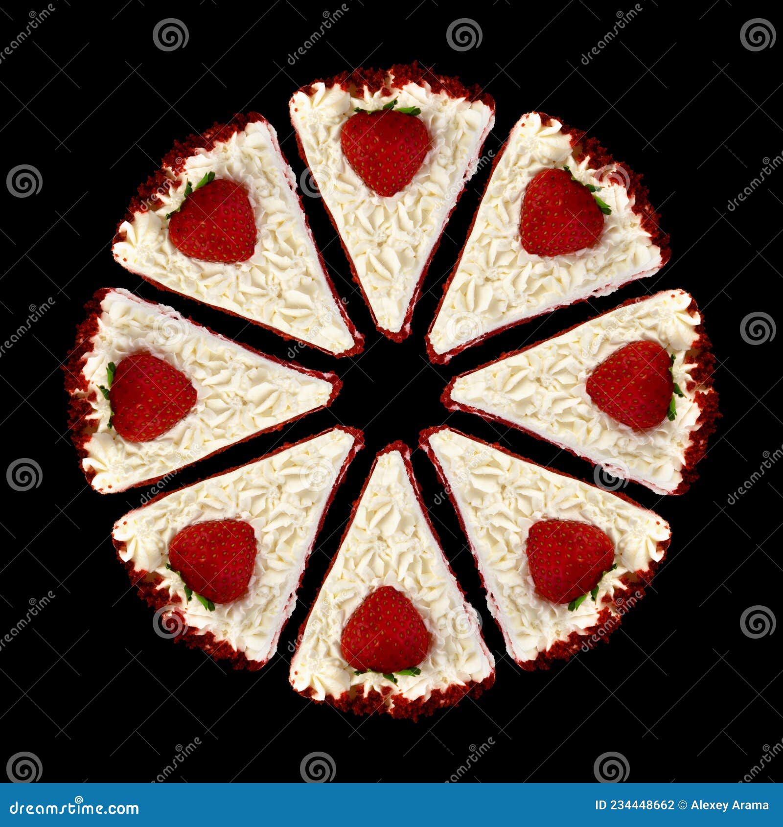 Cake Cut into Equal Pieces with Strawberries, Top View on a Black ... Cake Cut into Equal Pieces with Strawberries, Top View on a Black ...