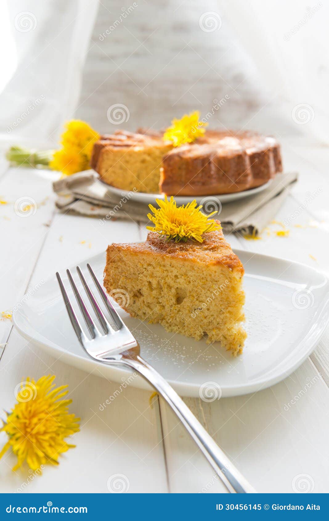 Cake with Dandelion S Flowers Stock Image - Image of wood, piece: 30456145