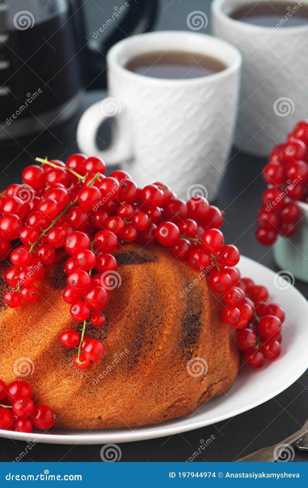 A Cake with Fresh Red Currant and Tea Stock Photo - Image of black ...