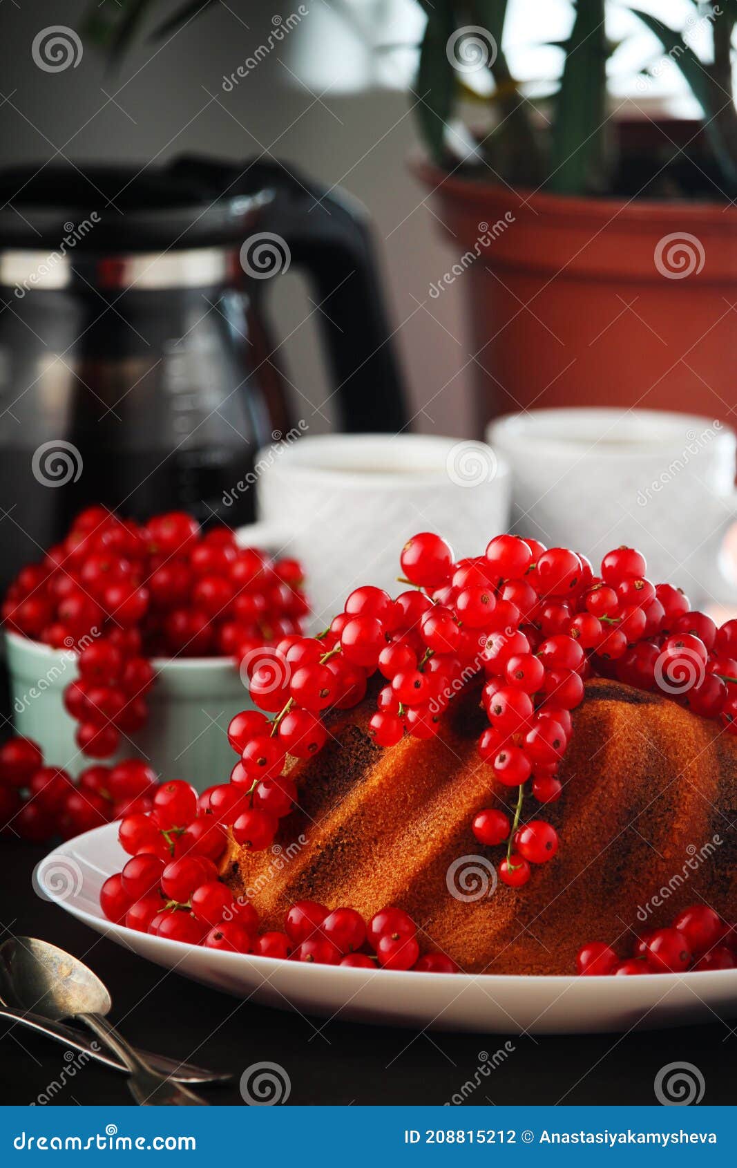 A Cake with Fresh Red Currant and Tea Stock Photo - Image of summer ...