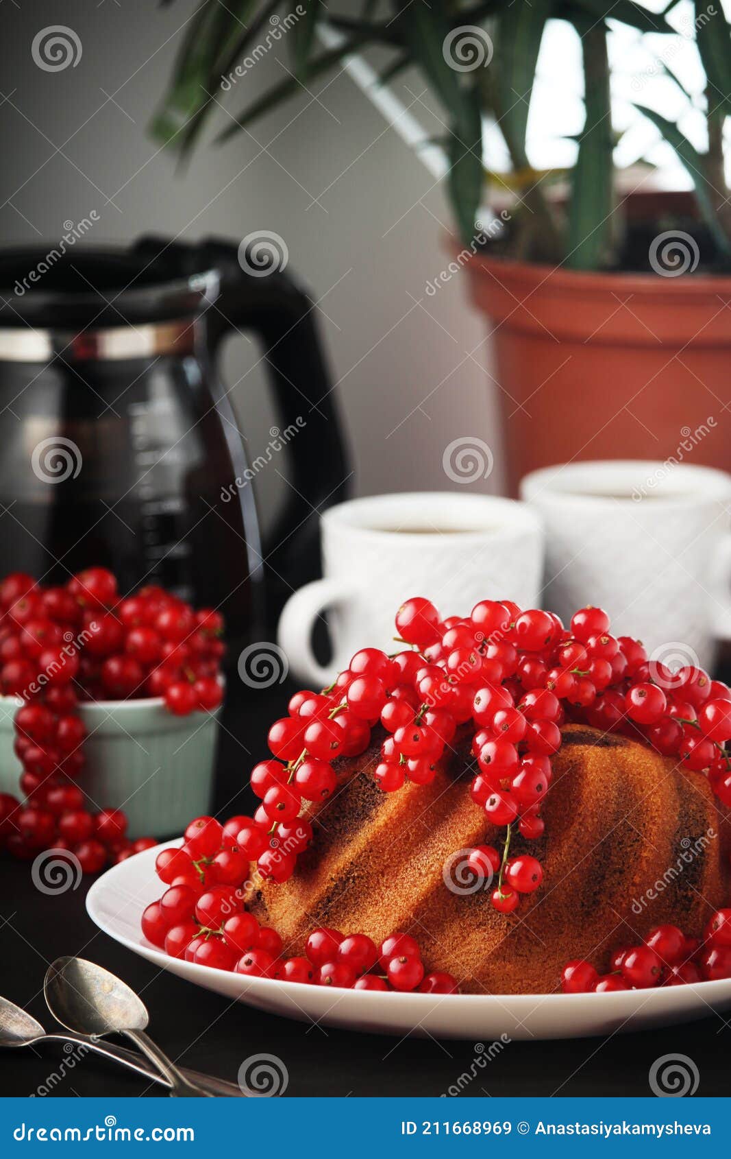 A Cake with Fresh Red Currant and Tea Stock Image - Image of plate ...