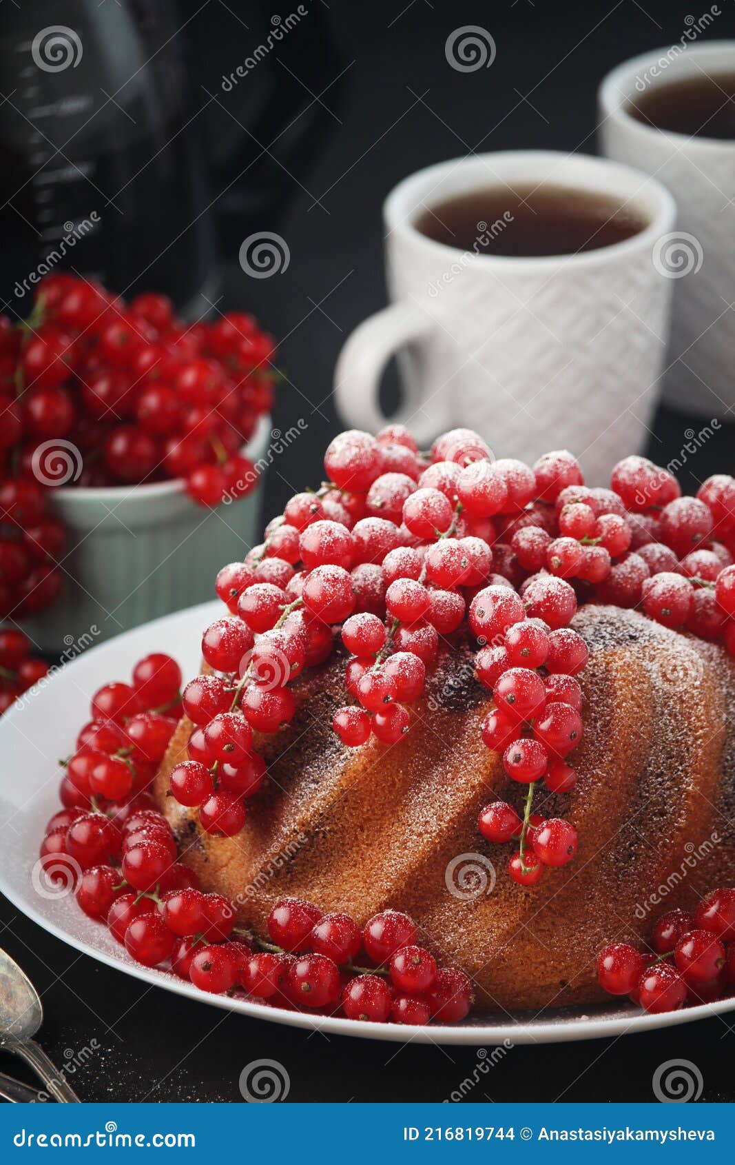 A Cake with Fresh Red Currant and Tea Stock Photo - Image of freshness ...