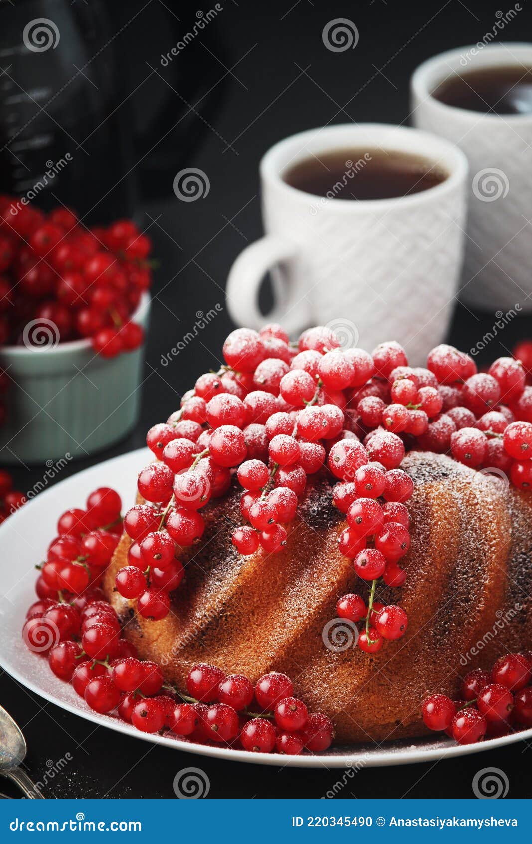 A Cake with Fresh Red Currant and Tea Stock Photo - Image of dish ...