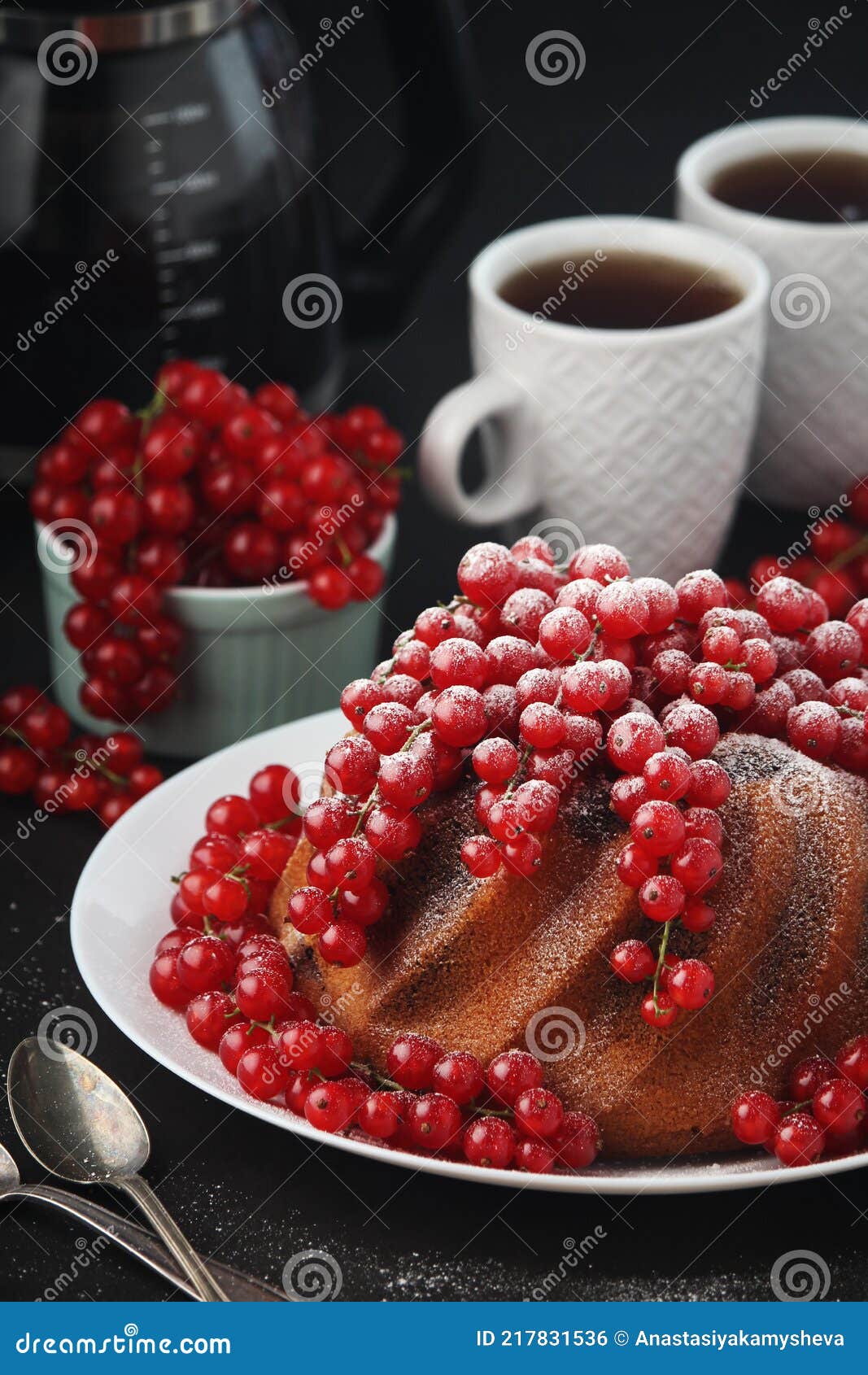A Cake with Fresh Red Currant and Tea Stock Photo - Image of dessert ...