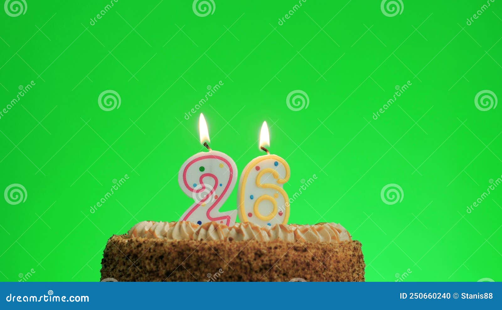 Cake with Lighted Candle Number 26. Green Screen Background. Isolated ...