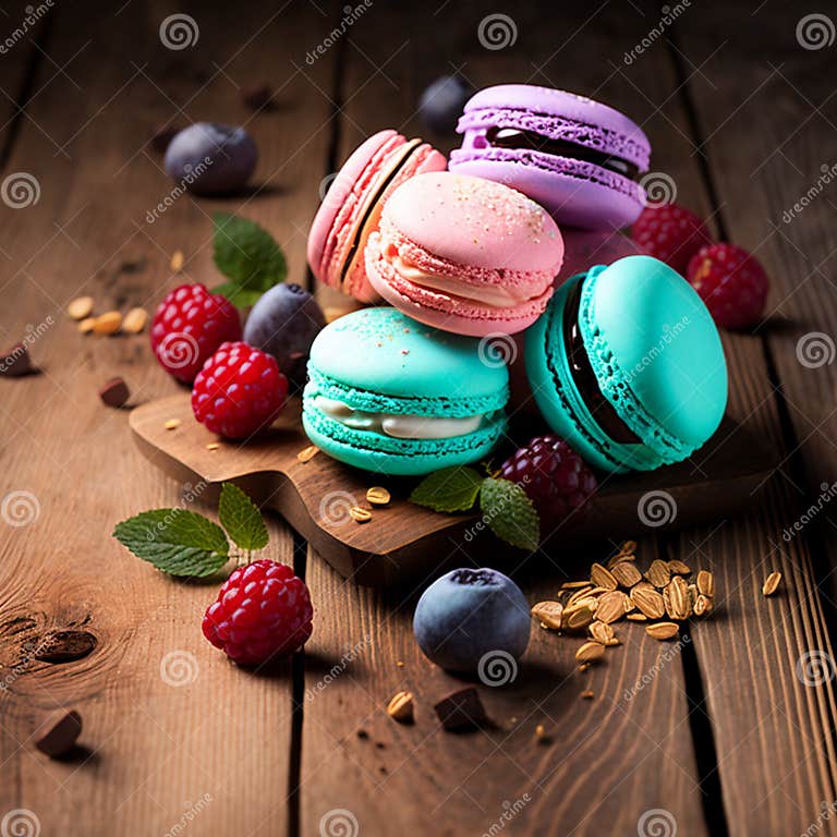 Cake Macaron or Macaroon Stack on Wooden Table, Colorful Bright Cookies ...