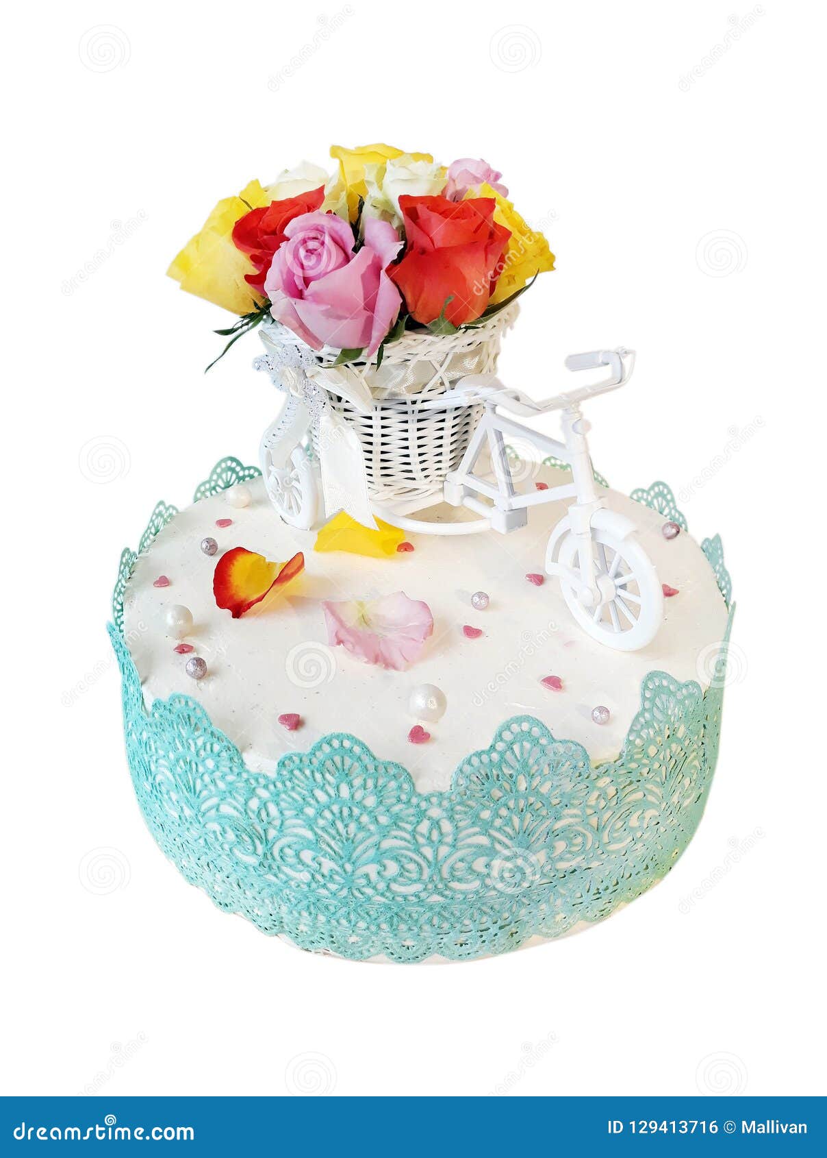 The Cake with a Model of a Bicycle with Flowers Stock Photo - Image of ...