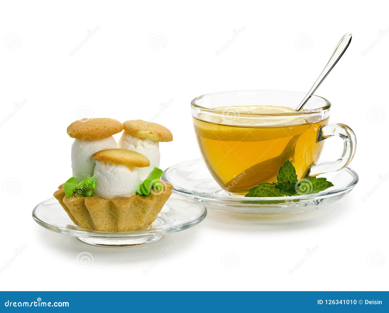 Cake `mushroom` and Green Tea with a Lemon and Minte Stock Photo ...