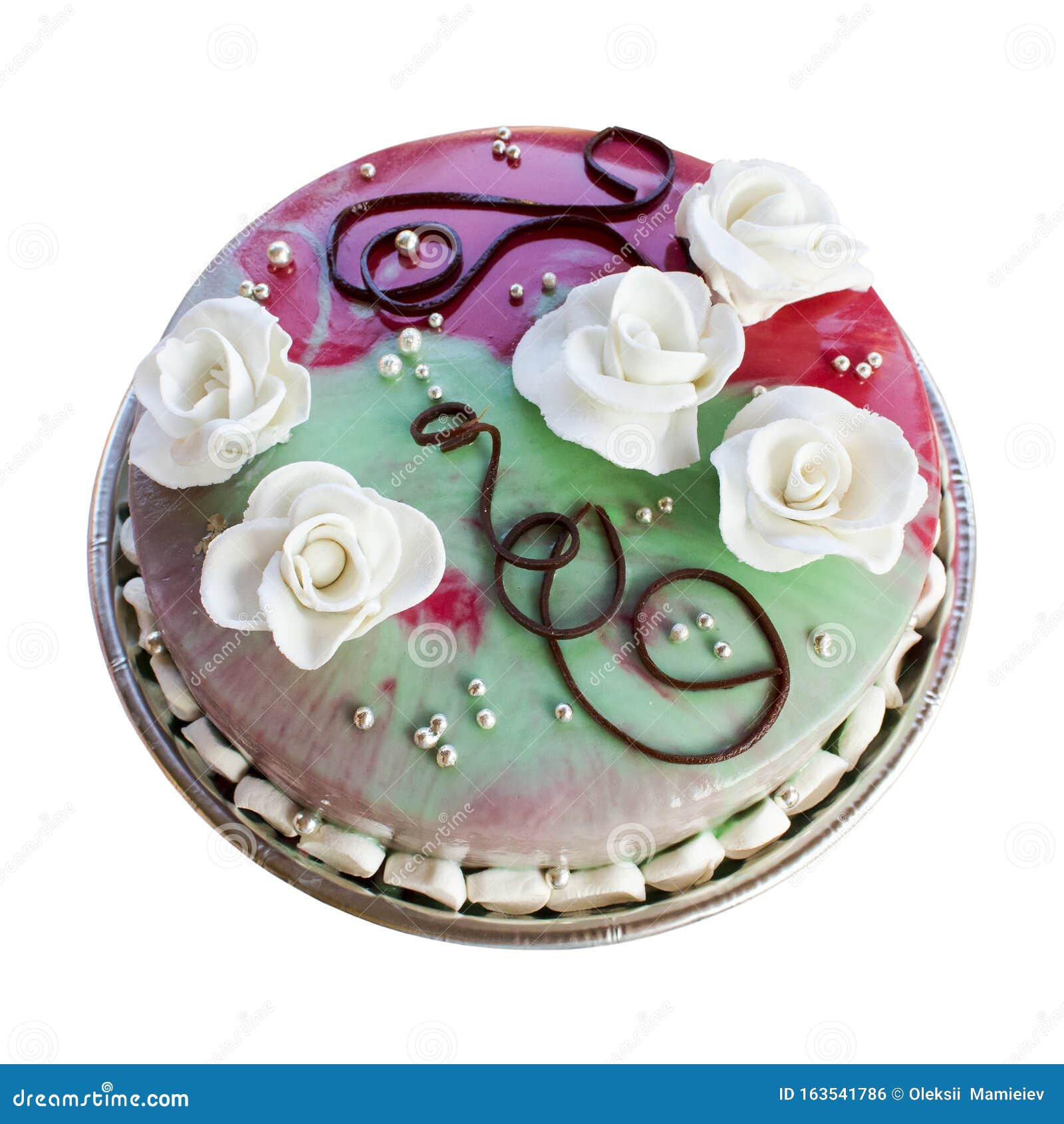 Cake with Red and Green Icing, Decorative Roses and Chocolate Stock ...