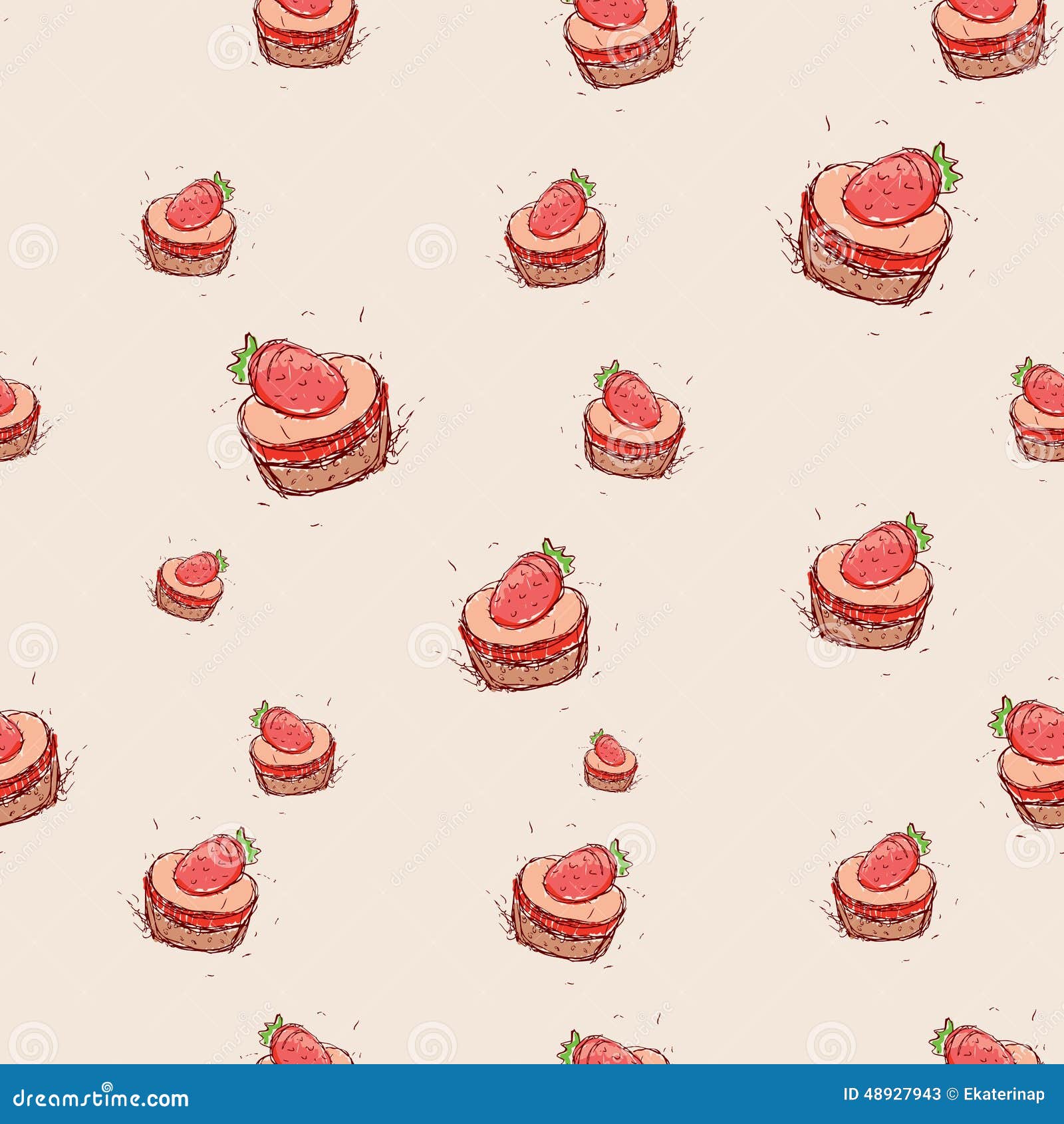 Cake with Strawberries Hand Drawn Sketch on Pink Background. Seamless ...