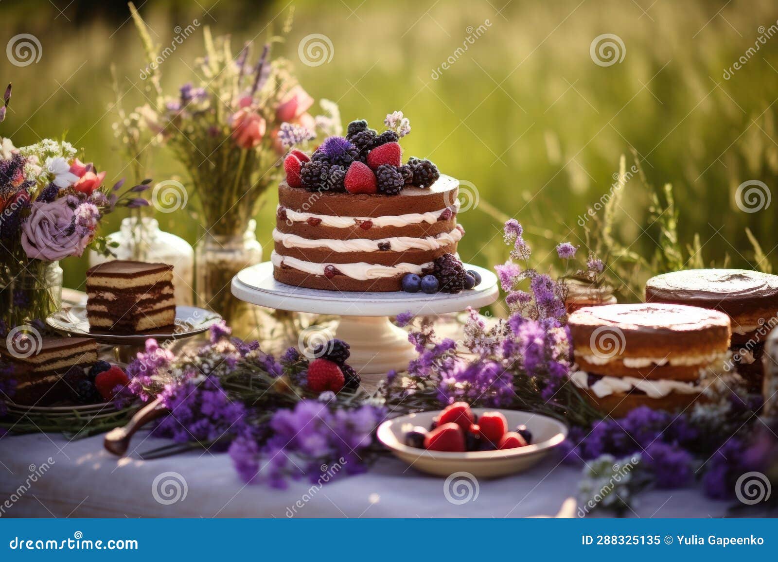 A Cake Table in an Outdoors Setting Stock Image - Image of fresh, slice ...