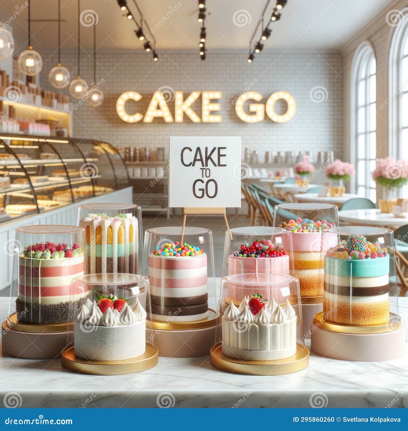 "Cake To Go" Desserts and Bento Cakes in Modern Cafe Stock Illustration ...