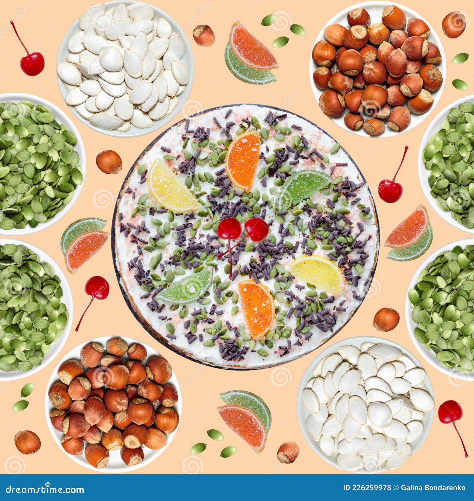 Cake with Various Ingredients in a Seamless Square Pattern Stock Photo ...