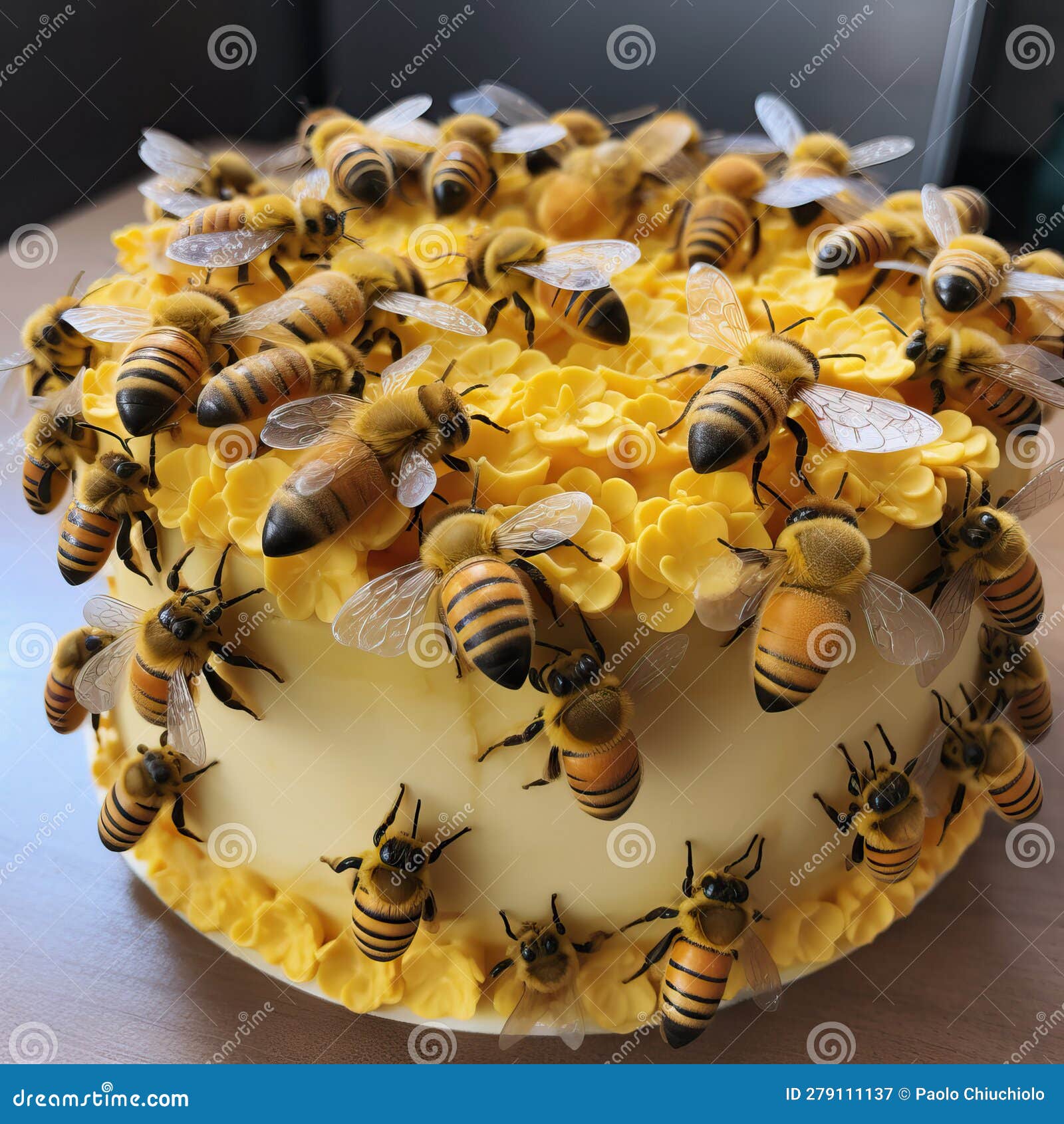 Cake With White Icing And Bees. Illustration Created With Artificial ...