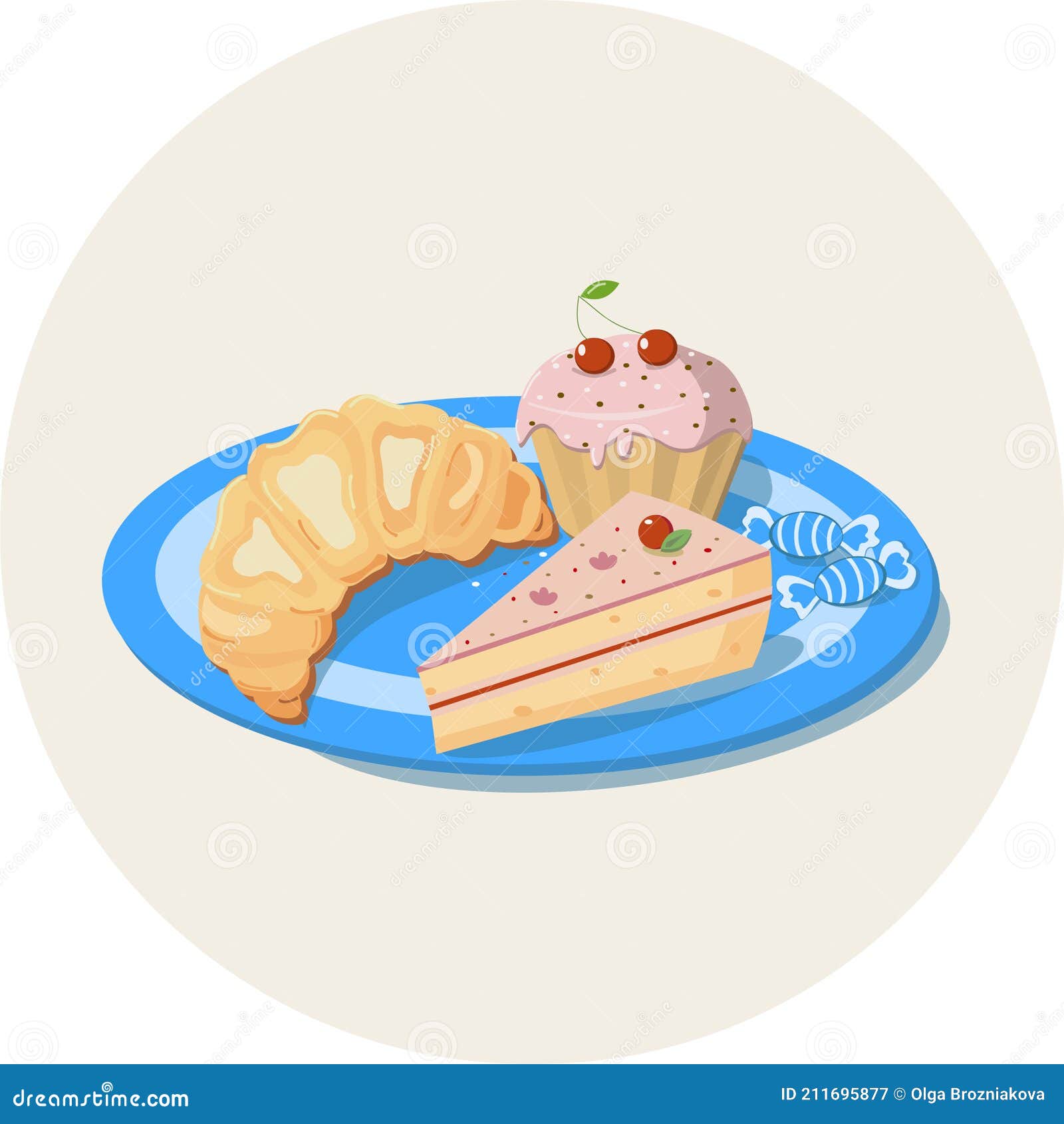 Cakes and Croissant for Tea. Stock Vector - Illustration of cream ...
