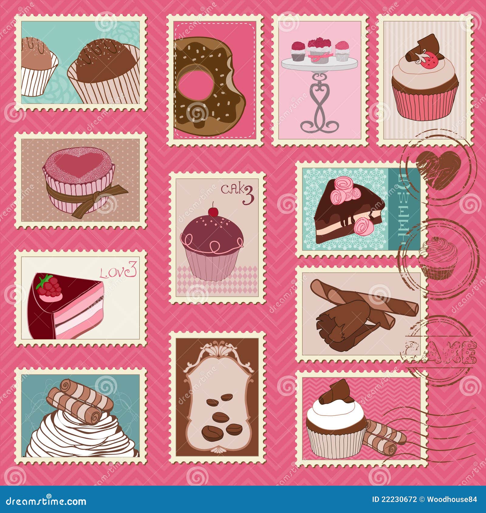 Cakes and Desserts Postage Stamps Stock Vector - Illustration of retro ...