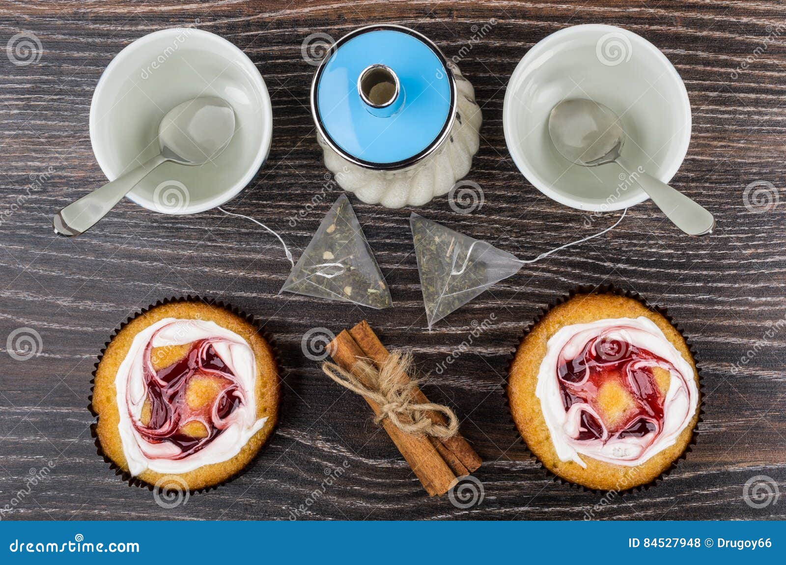 Cakes, Empty Cups, Tea Bags and Sugar Bowl on Table Stock Photo - Image ...