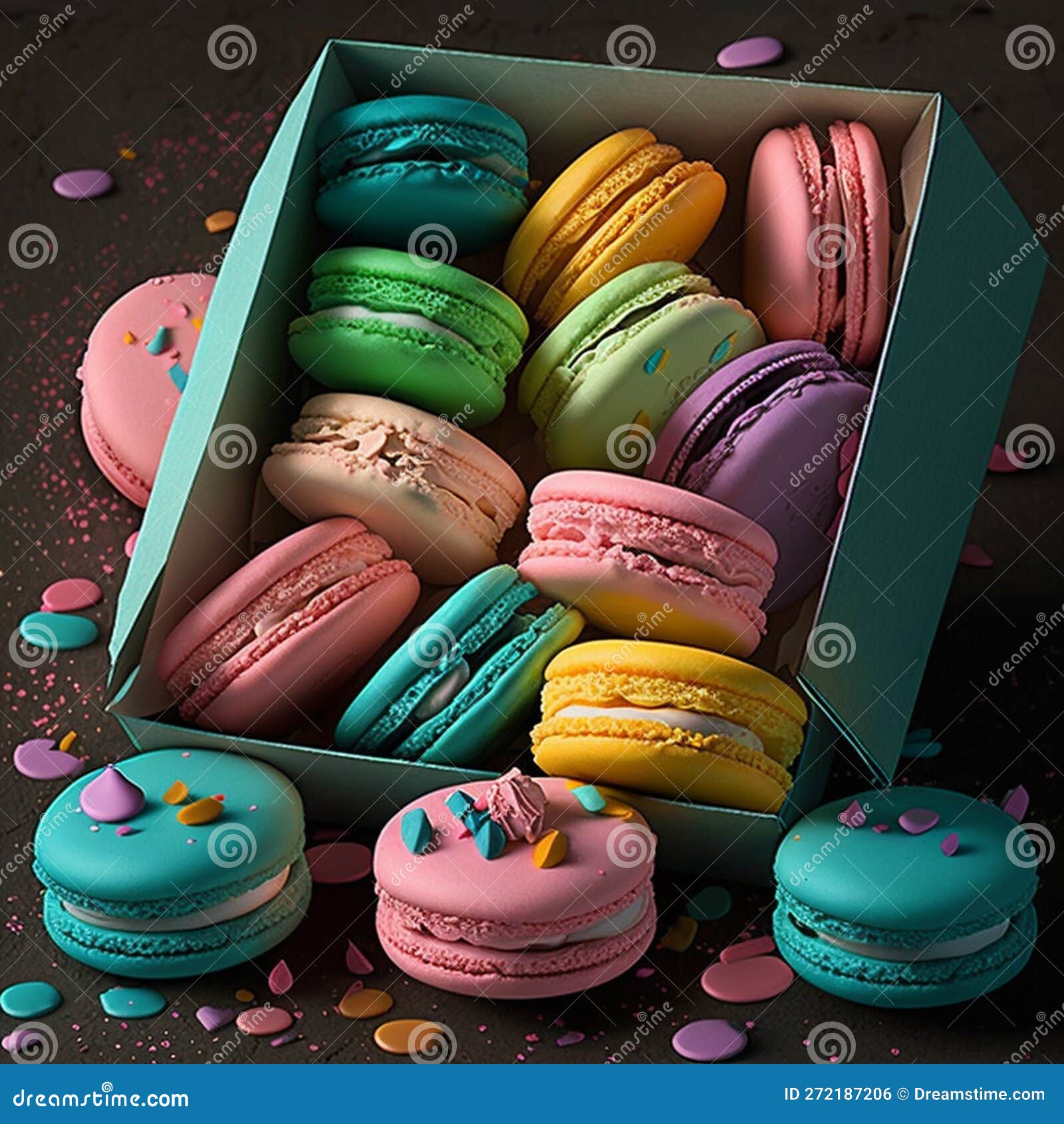 Cakes Macaron or Macaroon in Blue Box on Rustic Table, Colorful Bright ...