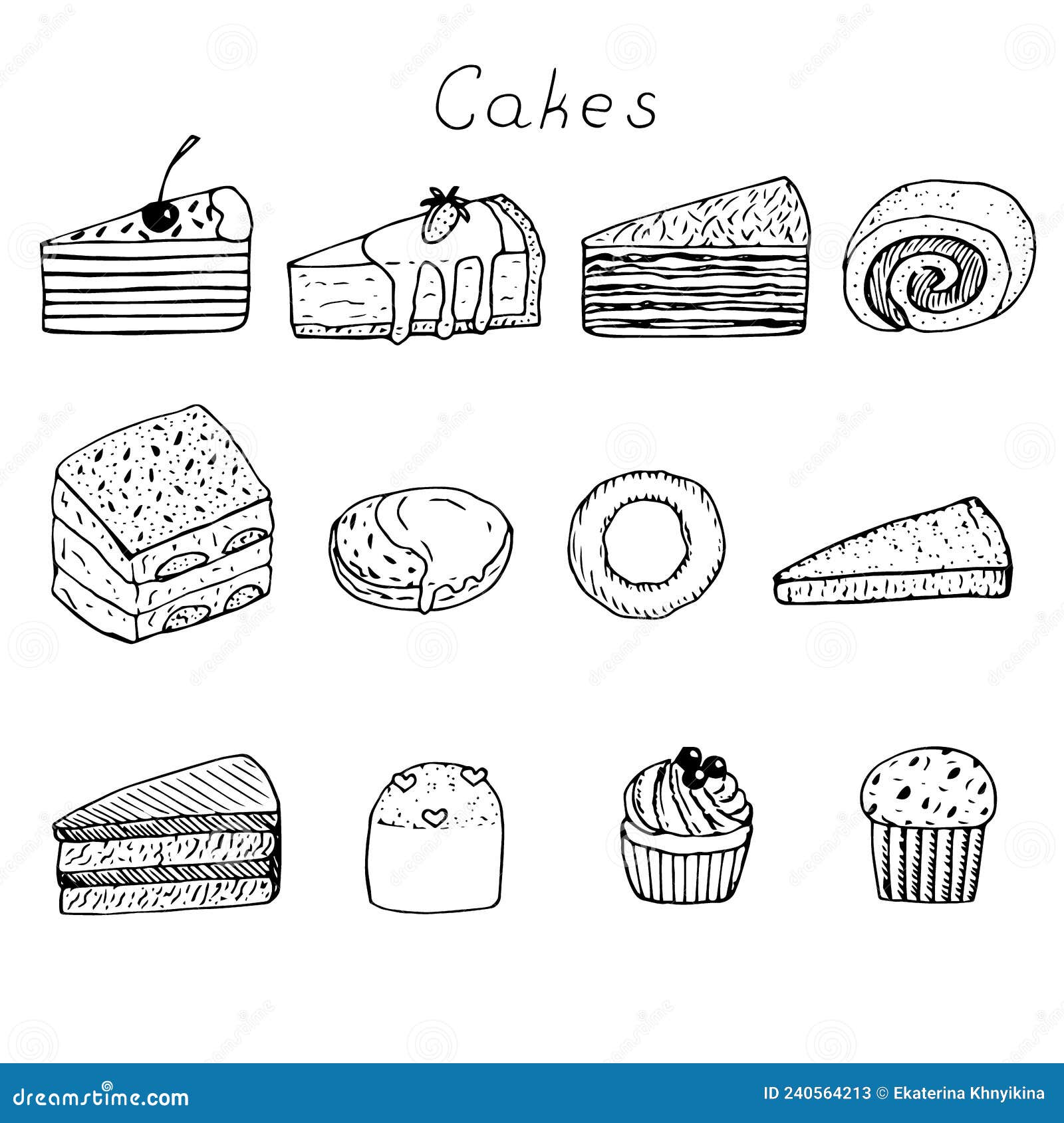 Cakes Set Vector Illustration, Hand Drawing Doodles Stock Vector ...
