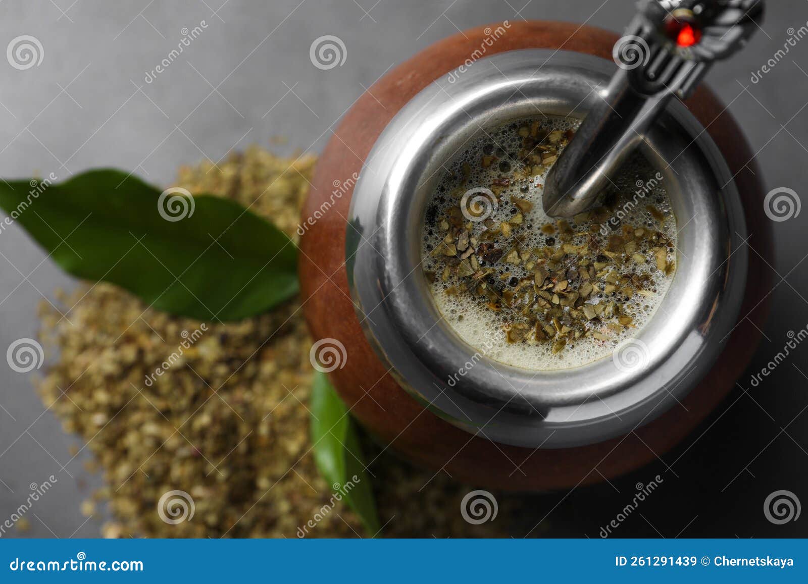 Calabash with Mate Tea and Bombilla on Light Grey Table, Closeup. Space ...