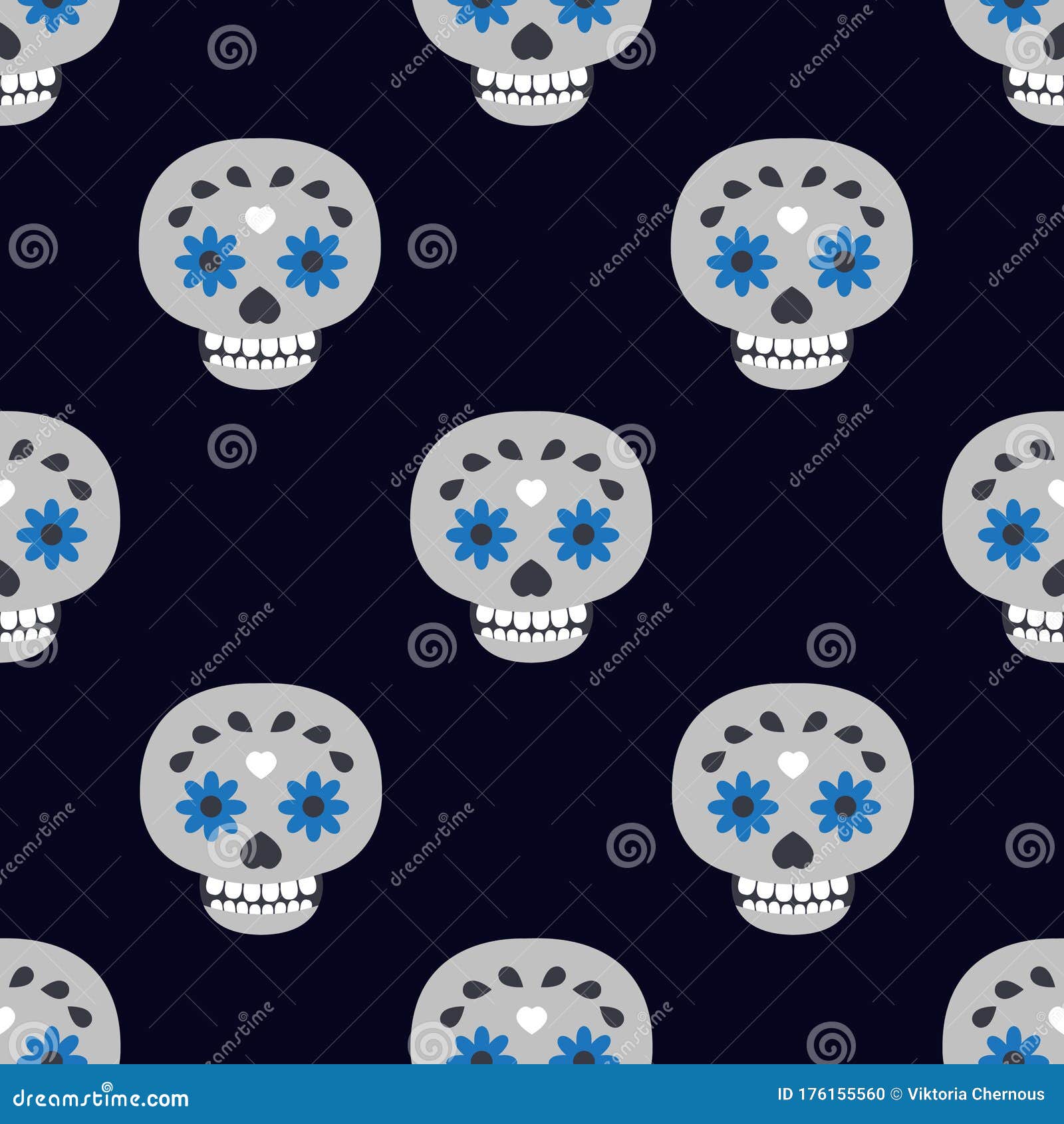 Doodle Calavera Sugar Skulls In Blue, Halloween Or Dia De Muertos ...