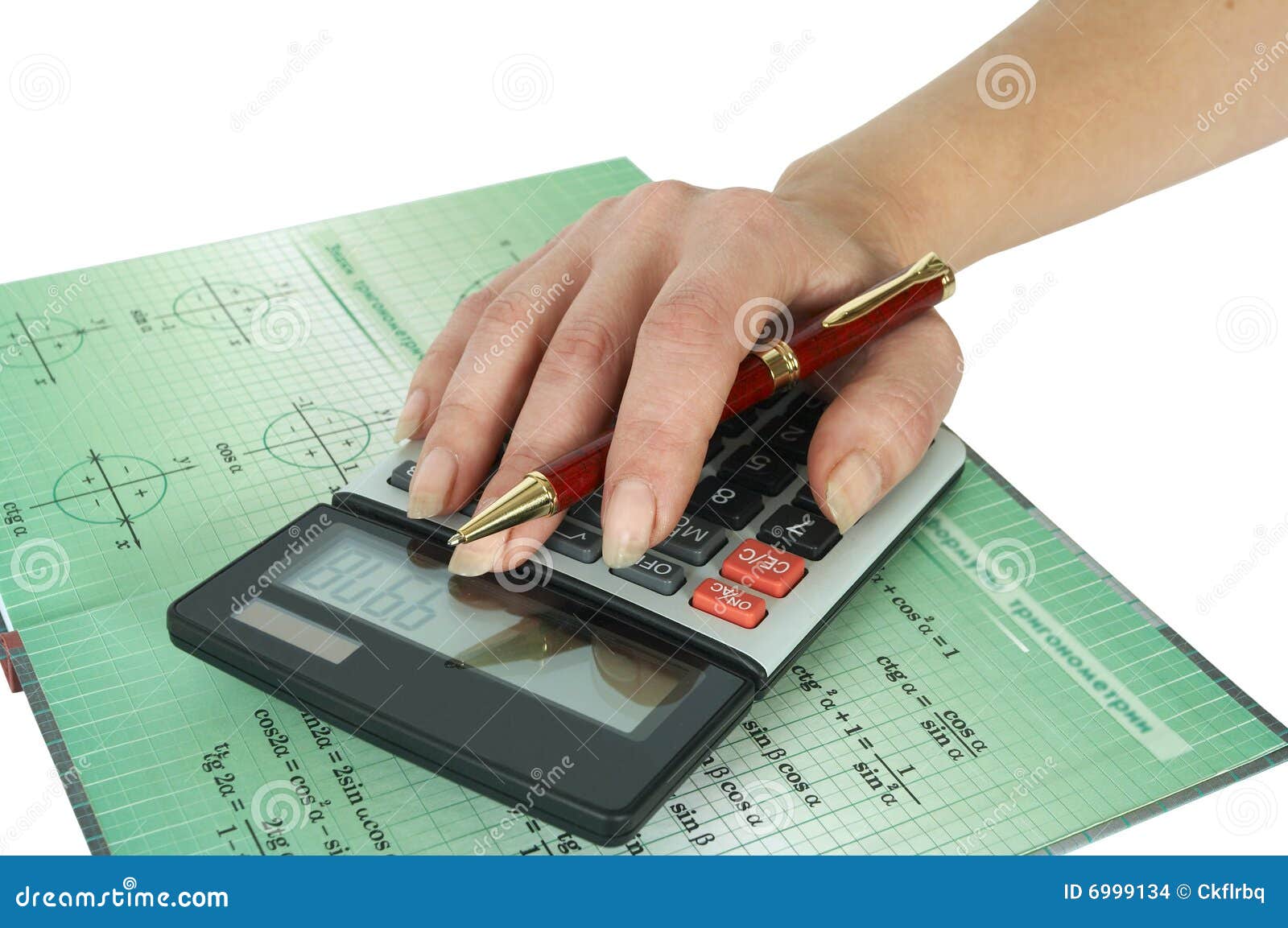 Calculadora y mano foto de archivo. Imagen de pluma, aislado - 6999134