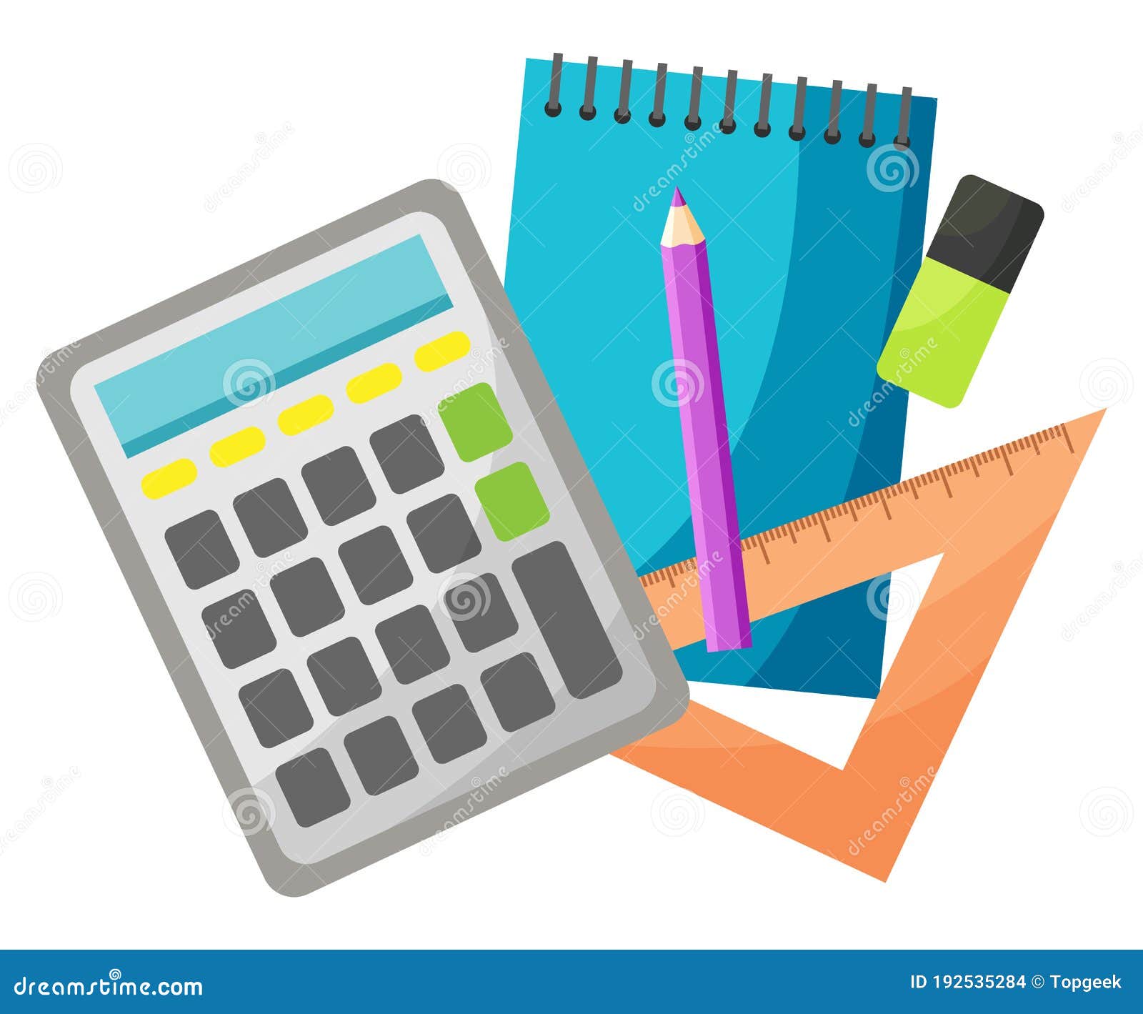 Calculator and Notebook with Pencil and Pen Set Stock Vector ...