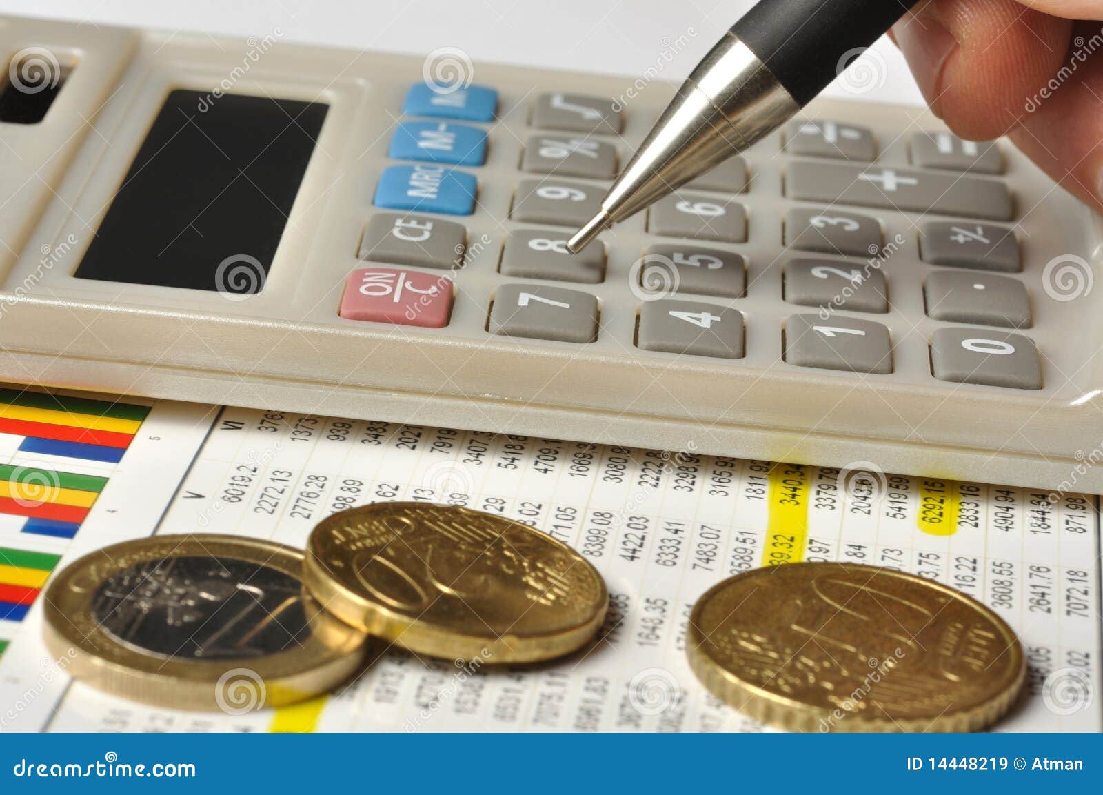 Calculations stock image. Image of calculator, coins - 14448219